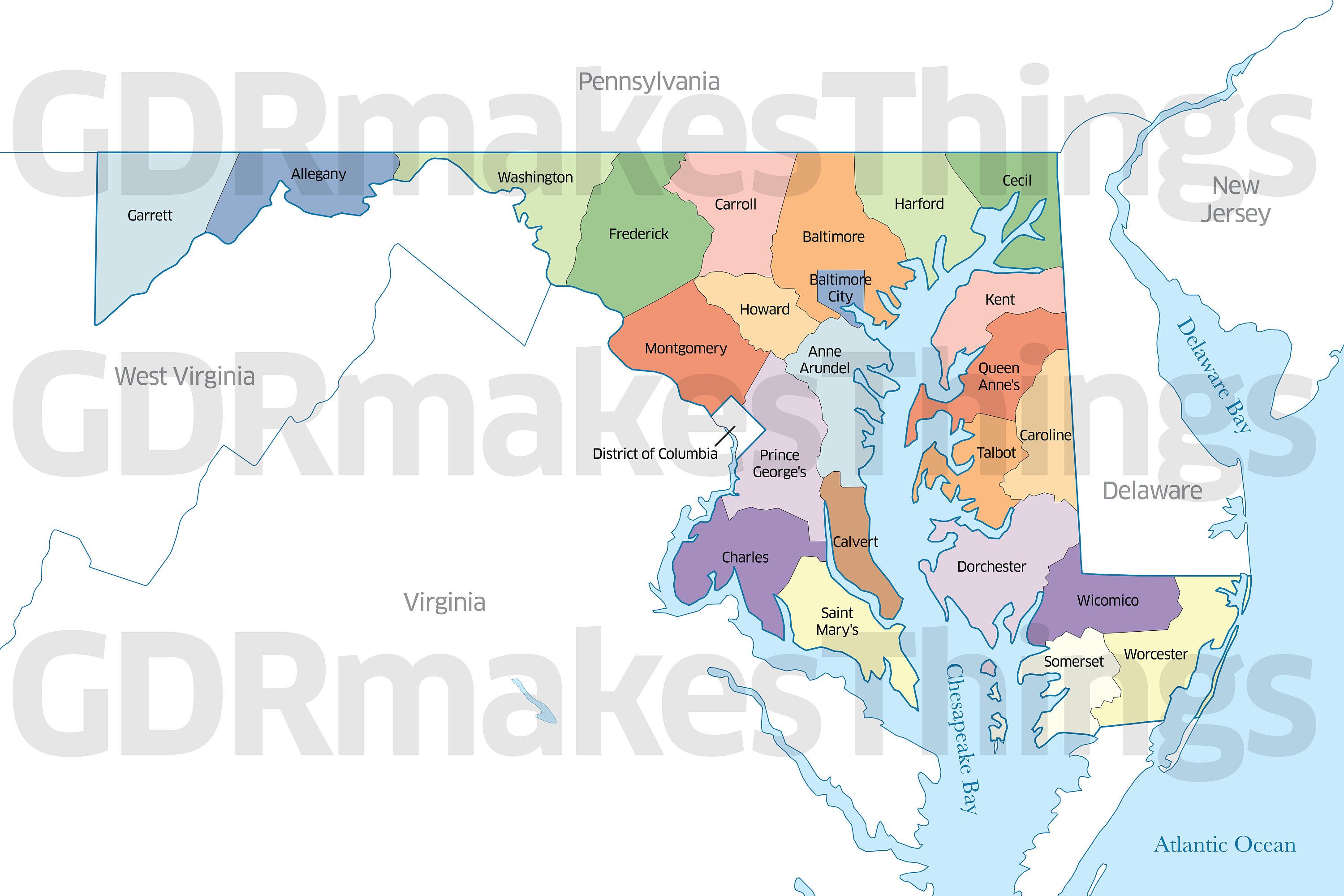 High Resolution Digital Color Map of the Counties of the State of ...