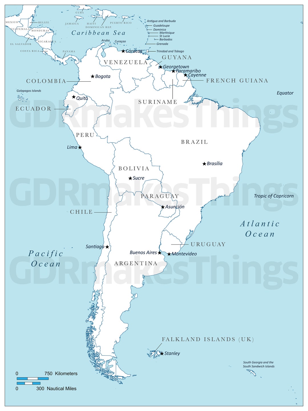 High Resolution Digital Color Map of South America, Including Countries ...