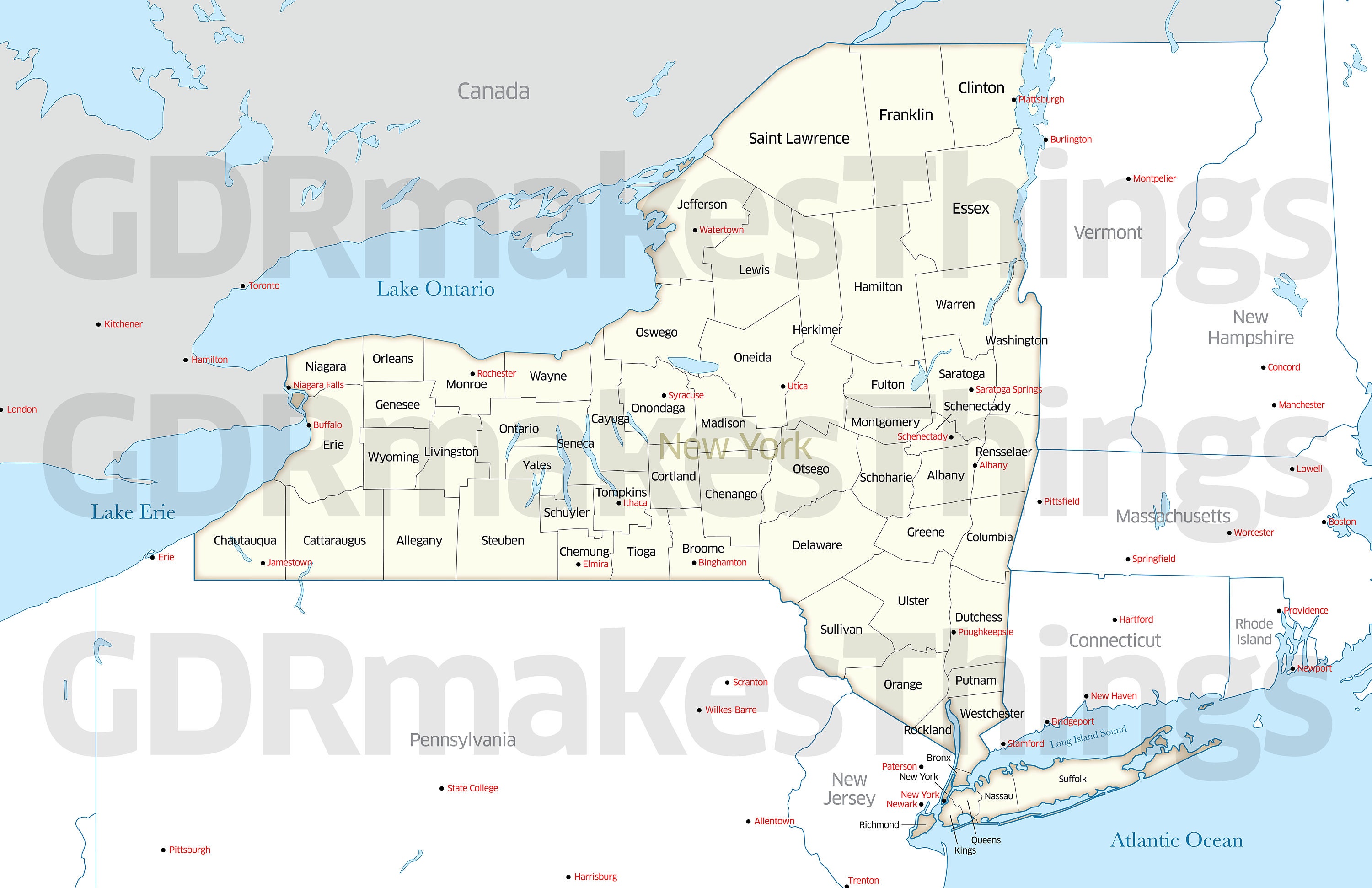 High Resolution Digital Color Map of the Counties of the State of New ...