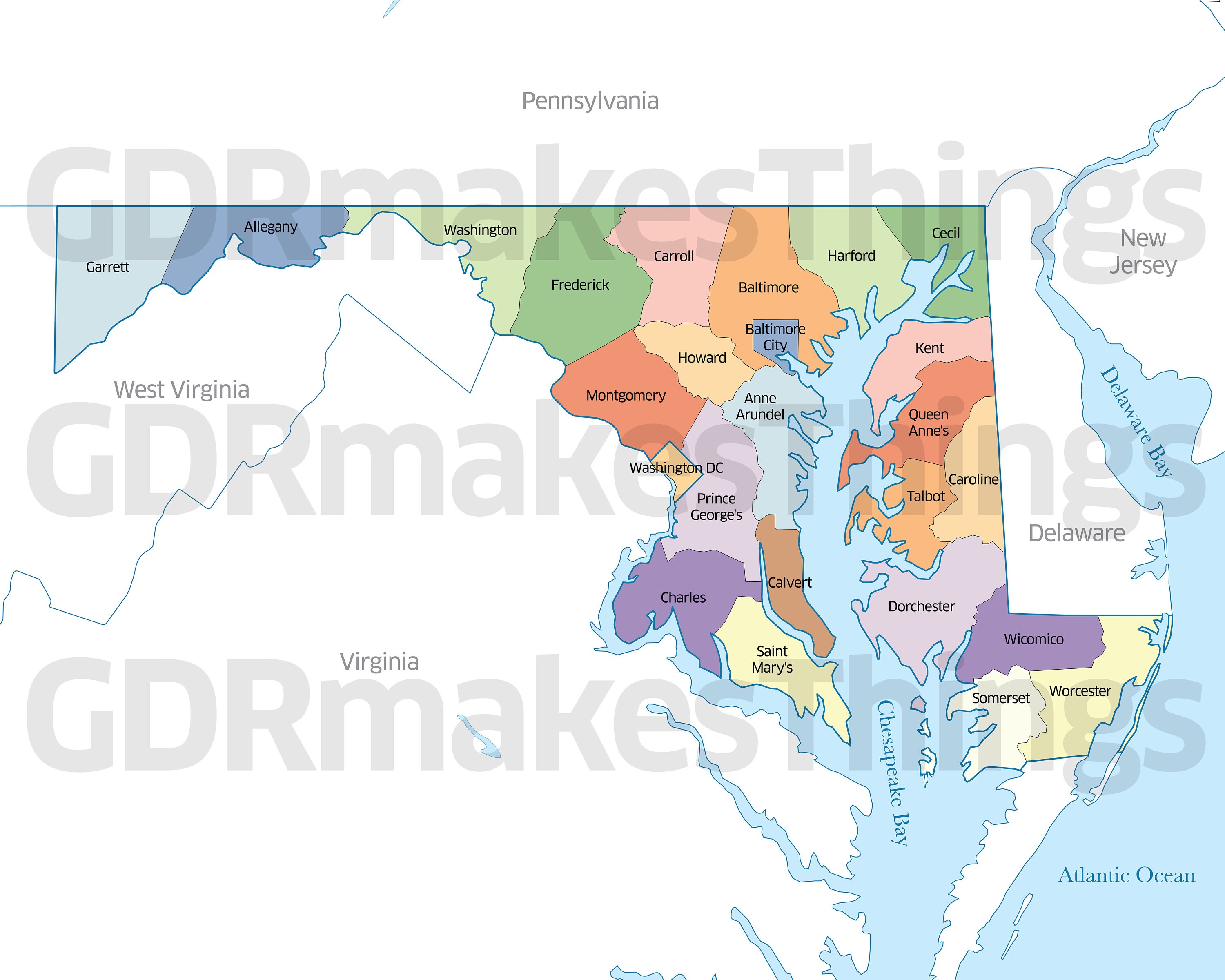 High Resolution Digital Color Map of the Counties of the State of ...