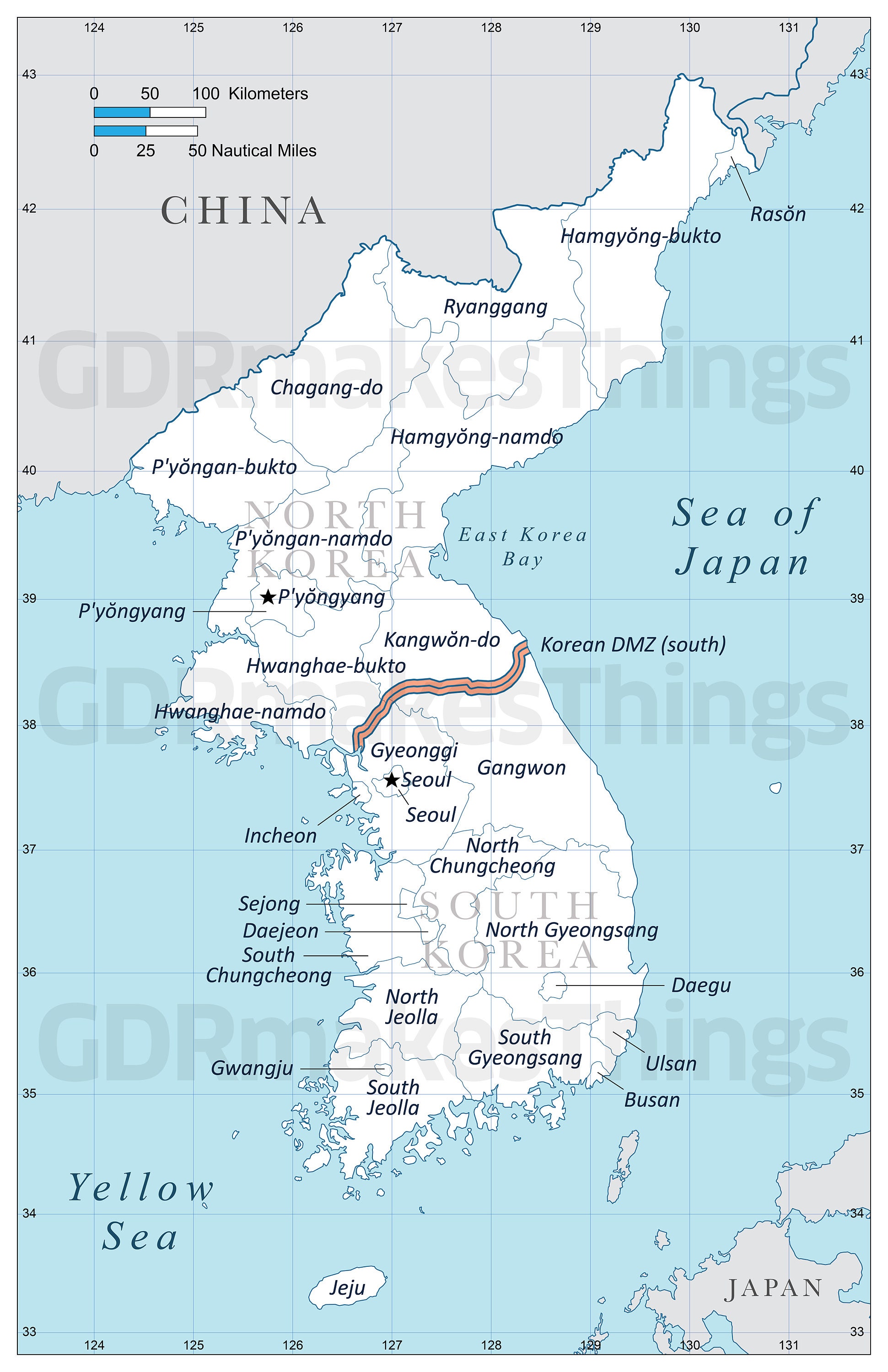 High Resolution Digital Color Map of South Korea, Includes Country ...