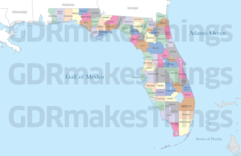 High Resolution Digital Color Map of the Counties of the State of ...