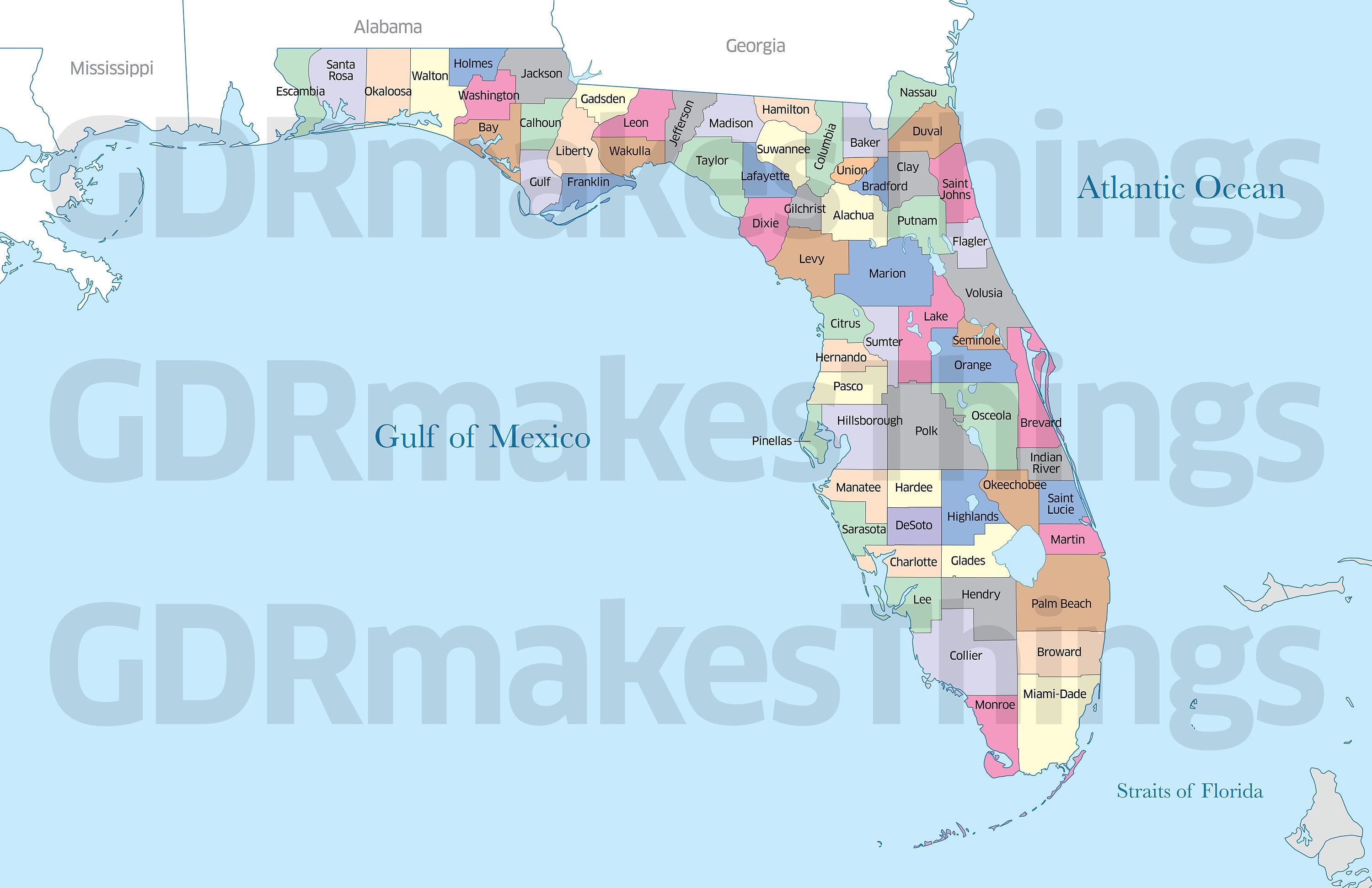 High Resolution Digital Color Map of the Counties of the State of ...