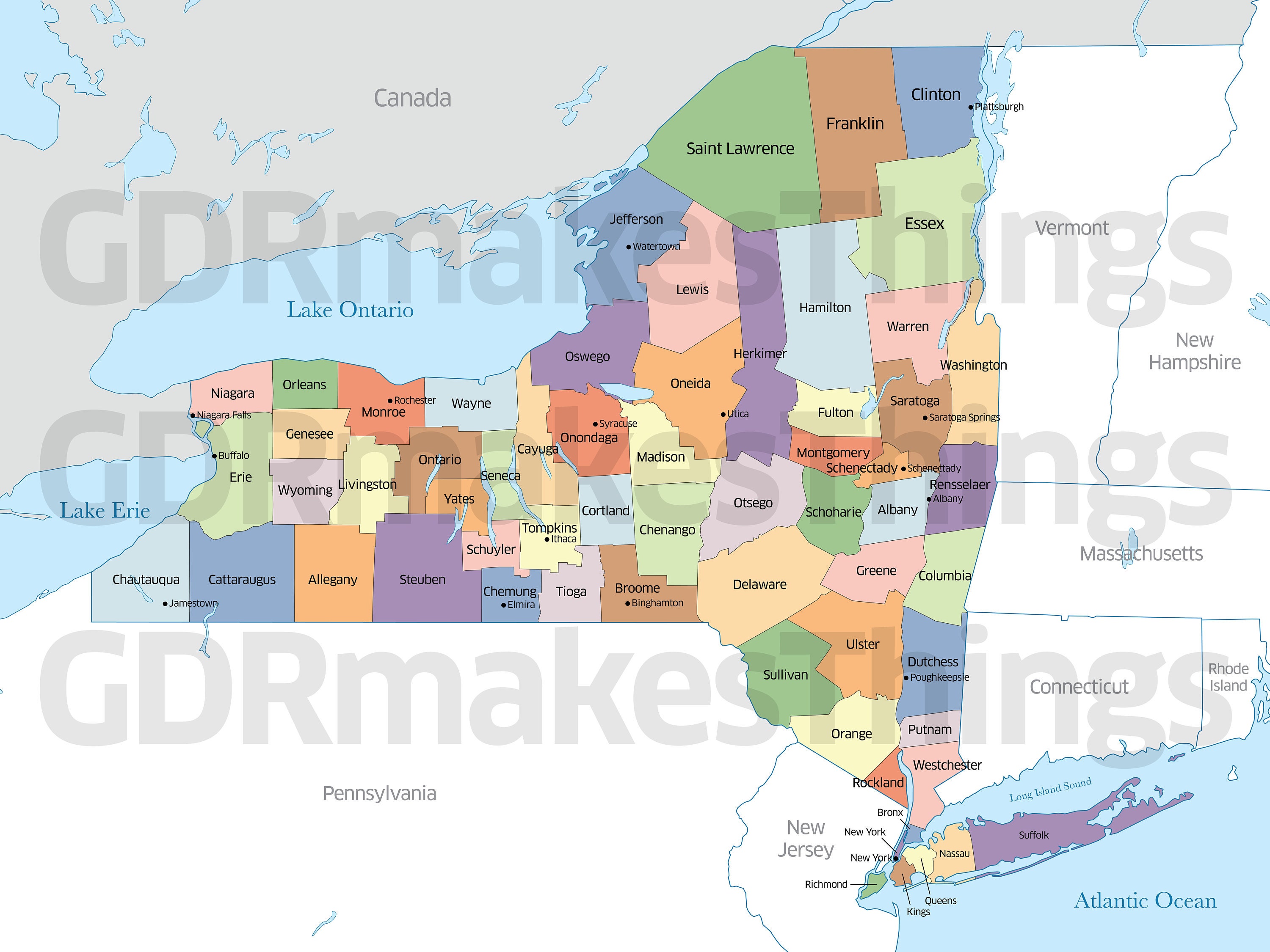 High Resolution Digital Color Map of the Counties of the State of New ...