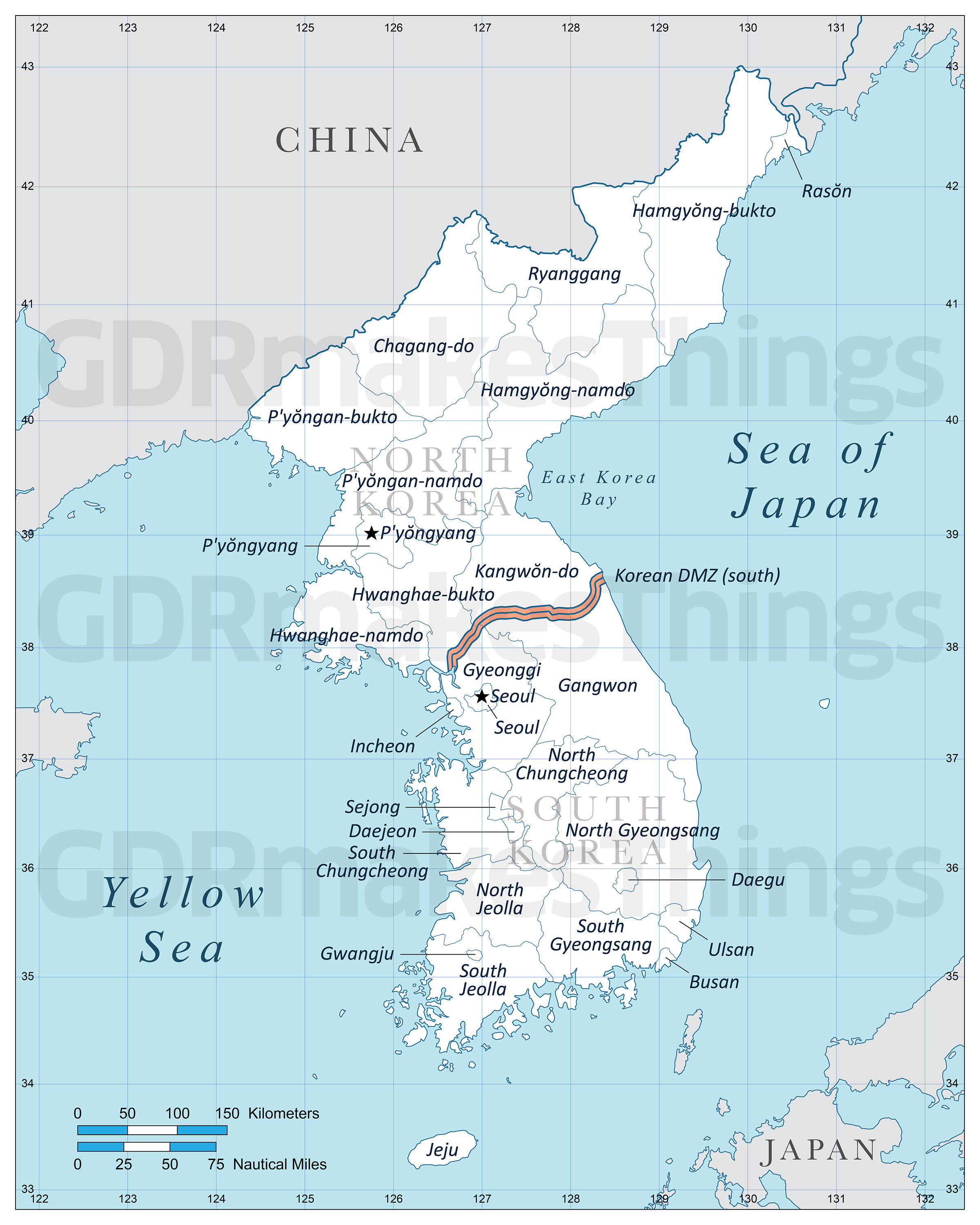 High Resolution Digital Color Map of South Korea, Includes Country ...