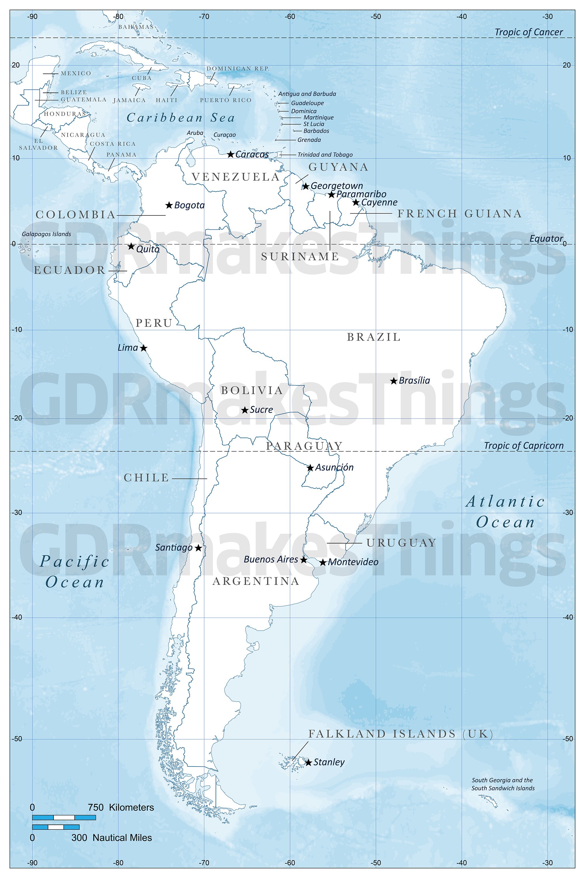 High Resolution Digital Color Map of South America, Including Countries ...