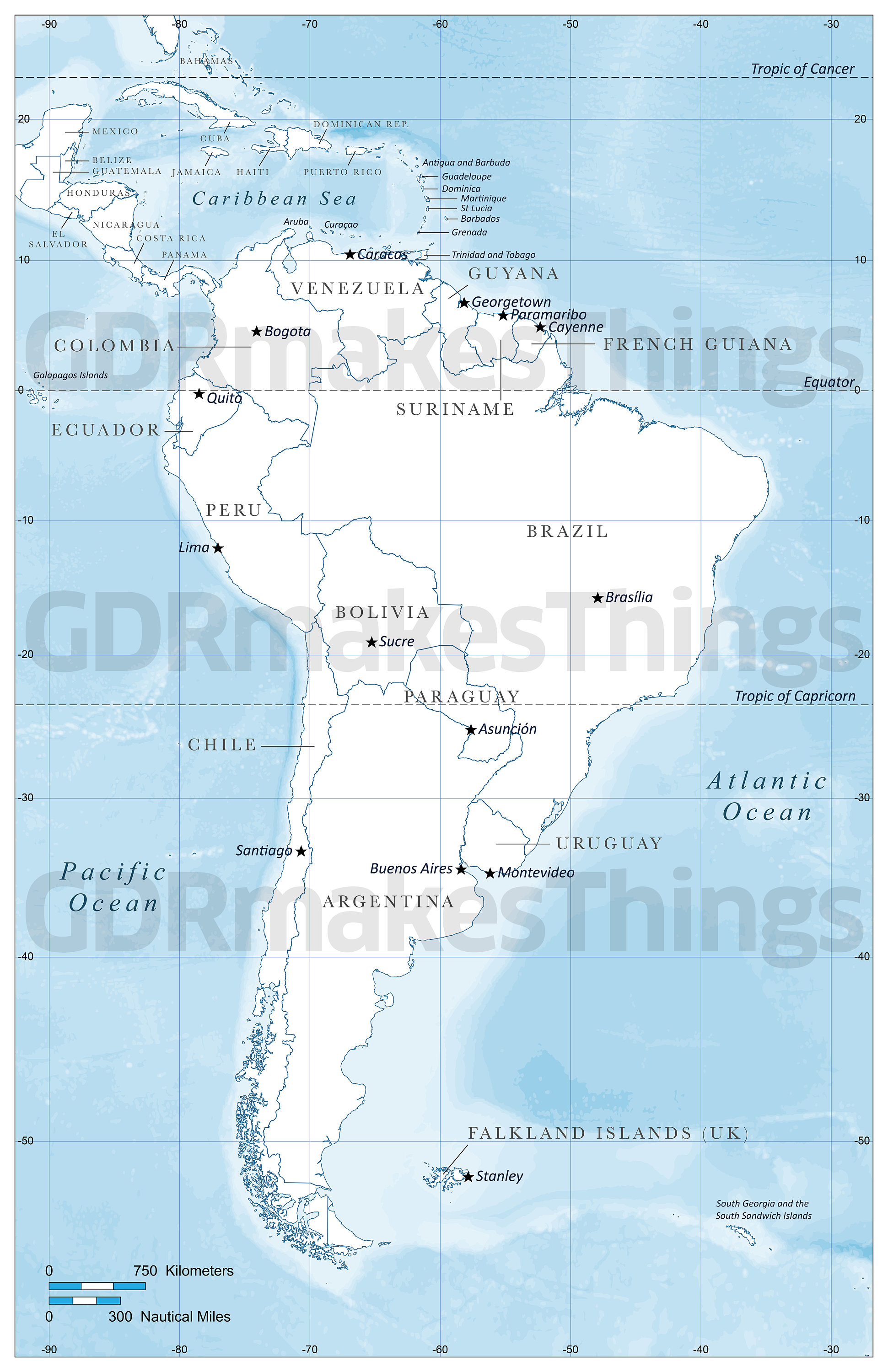 High Resolution Digital Color Map of South America, Including Countries ...