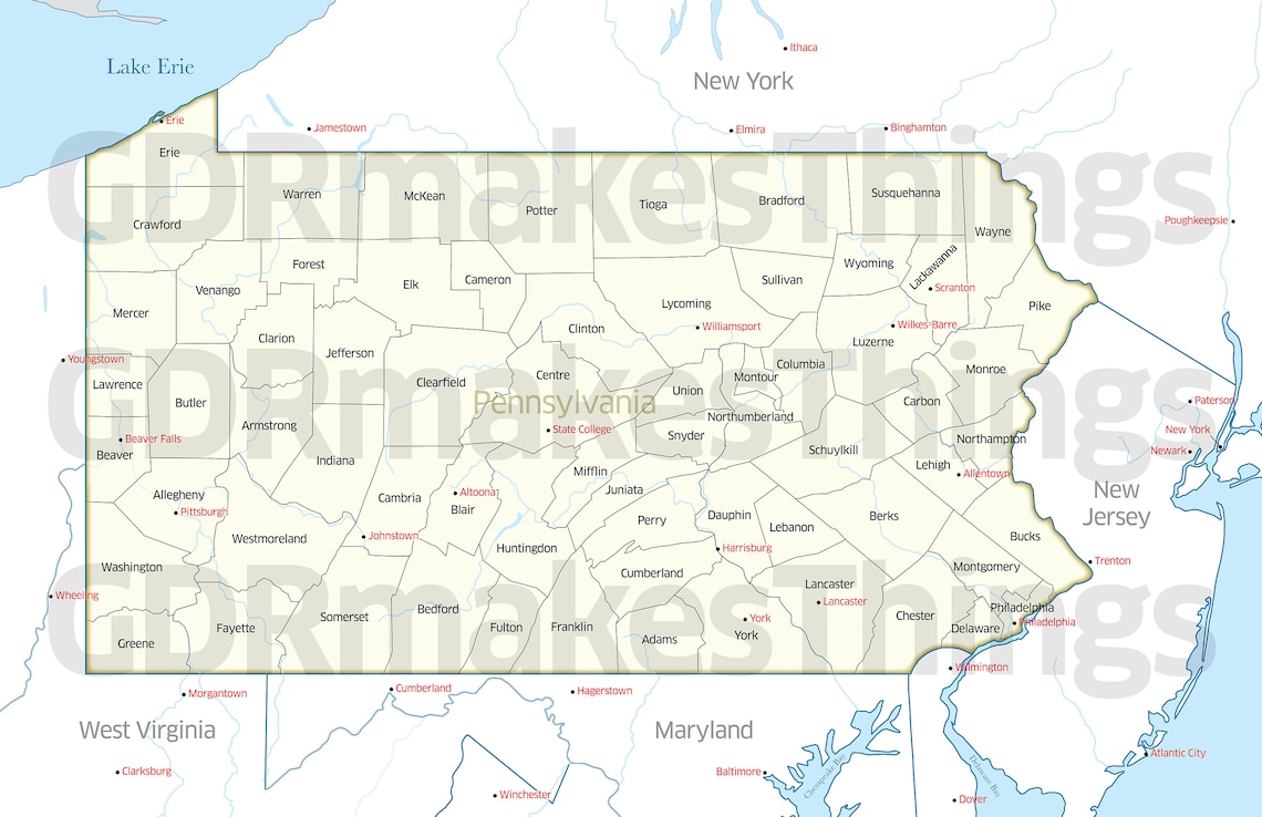 High Resolution Digital Color Map of the Counties of the State of ...