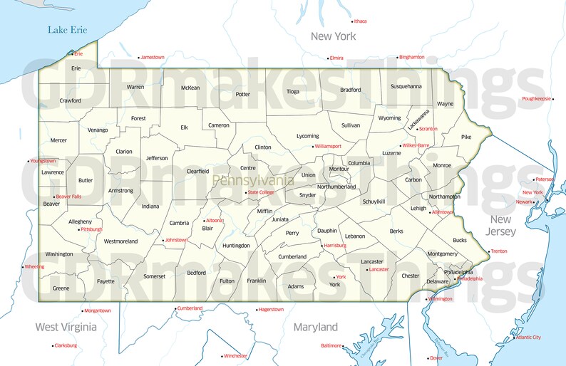 High Resolution Digital Color Map of the Counties of the State of ...