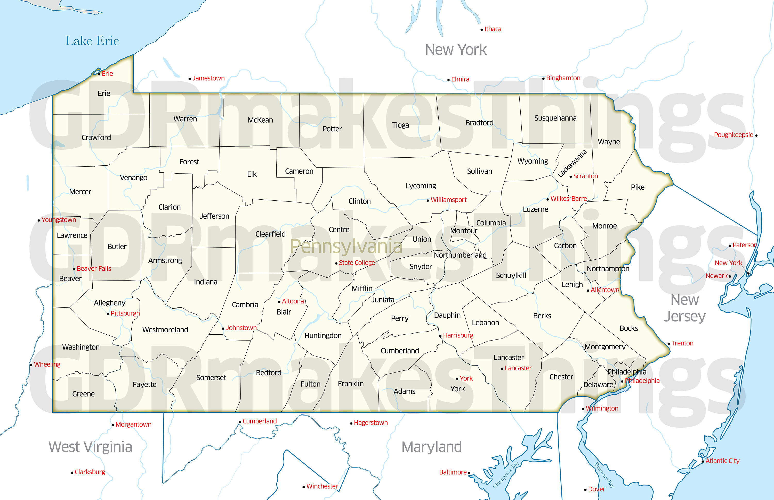 High Resolution Digital Color Map of the Counties of the State - Etsy