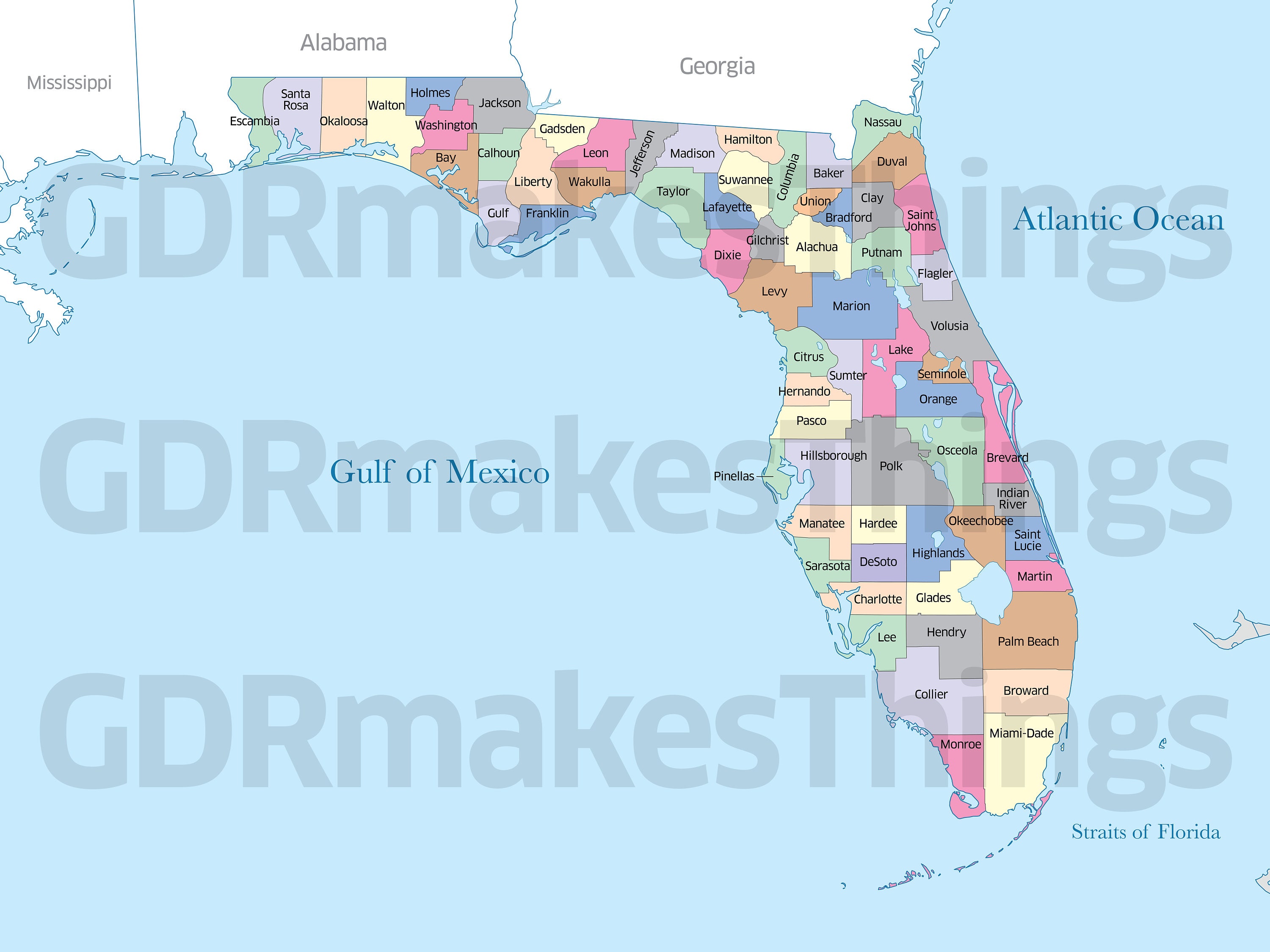 High Resolution Digital Color Map of the Counties of the State of ...