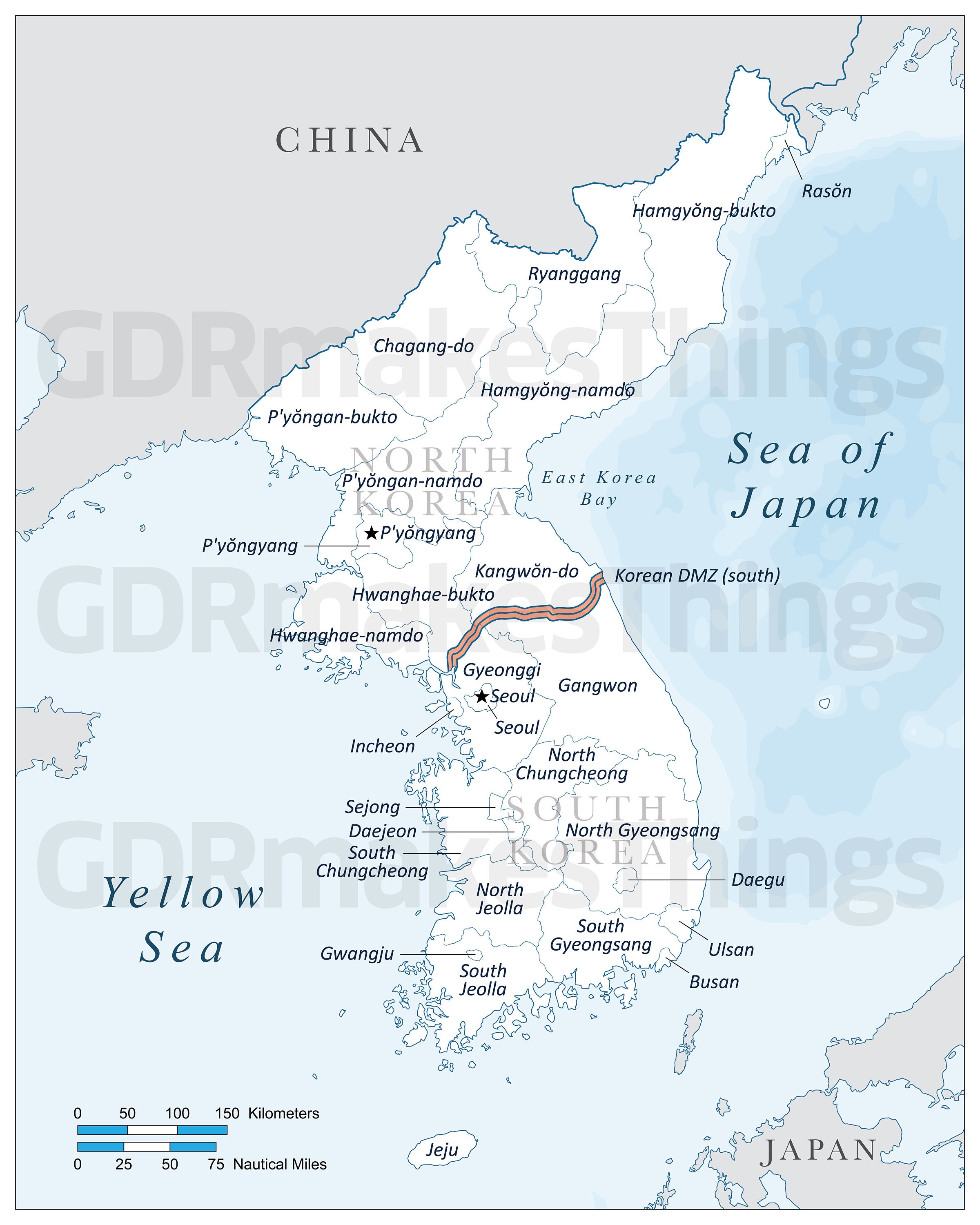 High Resolution Digital Color Map of South Korea, Includes Country ...