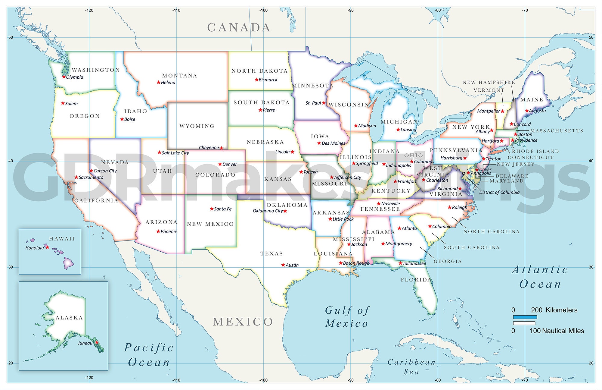 Hoja De Trabajo Sobre El Mapa De Estados Unidos Con Sus Capitales