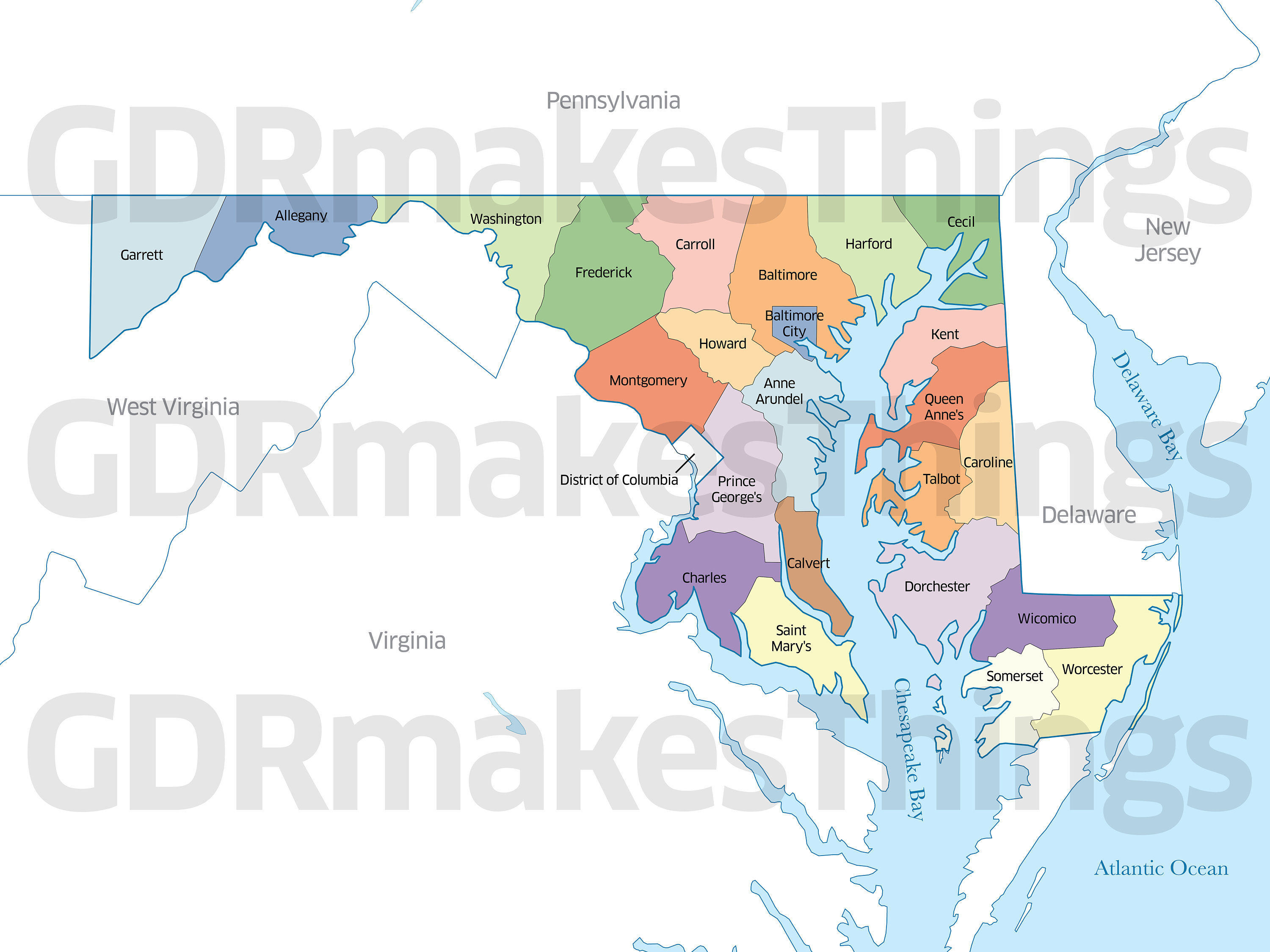 High Resolution Digital Color Map of the Counties of the State of ...