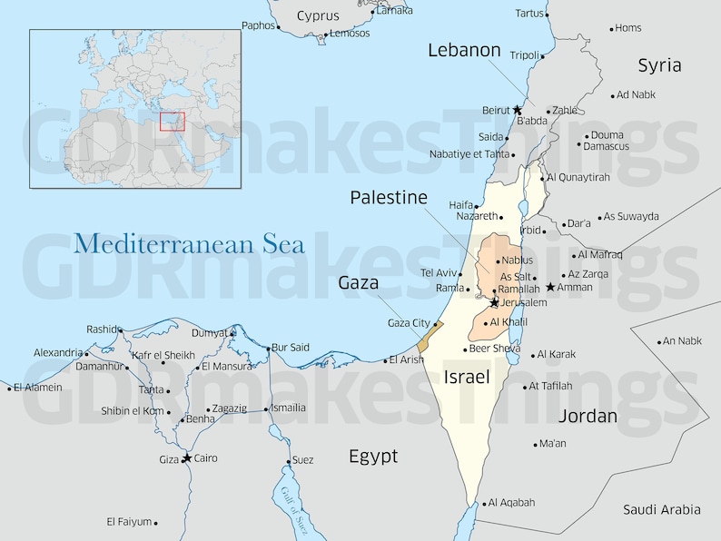 Digital Map of the Eastern Mediterranean Including Israel, Palestine ...