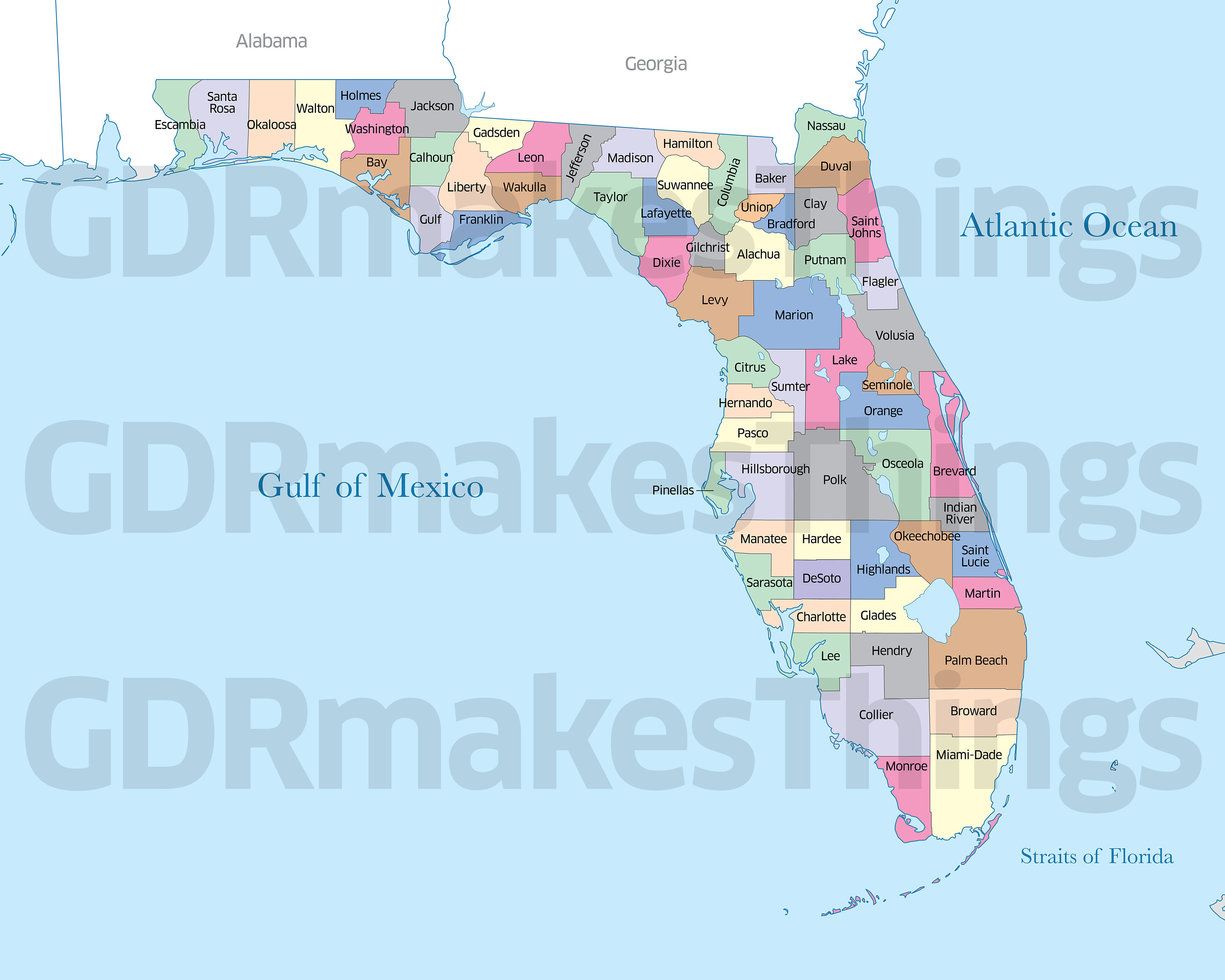 High Resolution Digital Color Map of the Counties of the State of ...