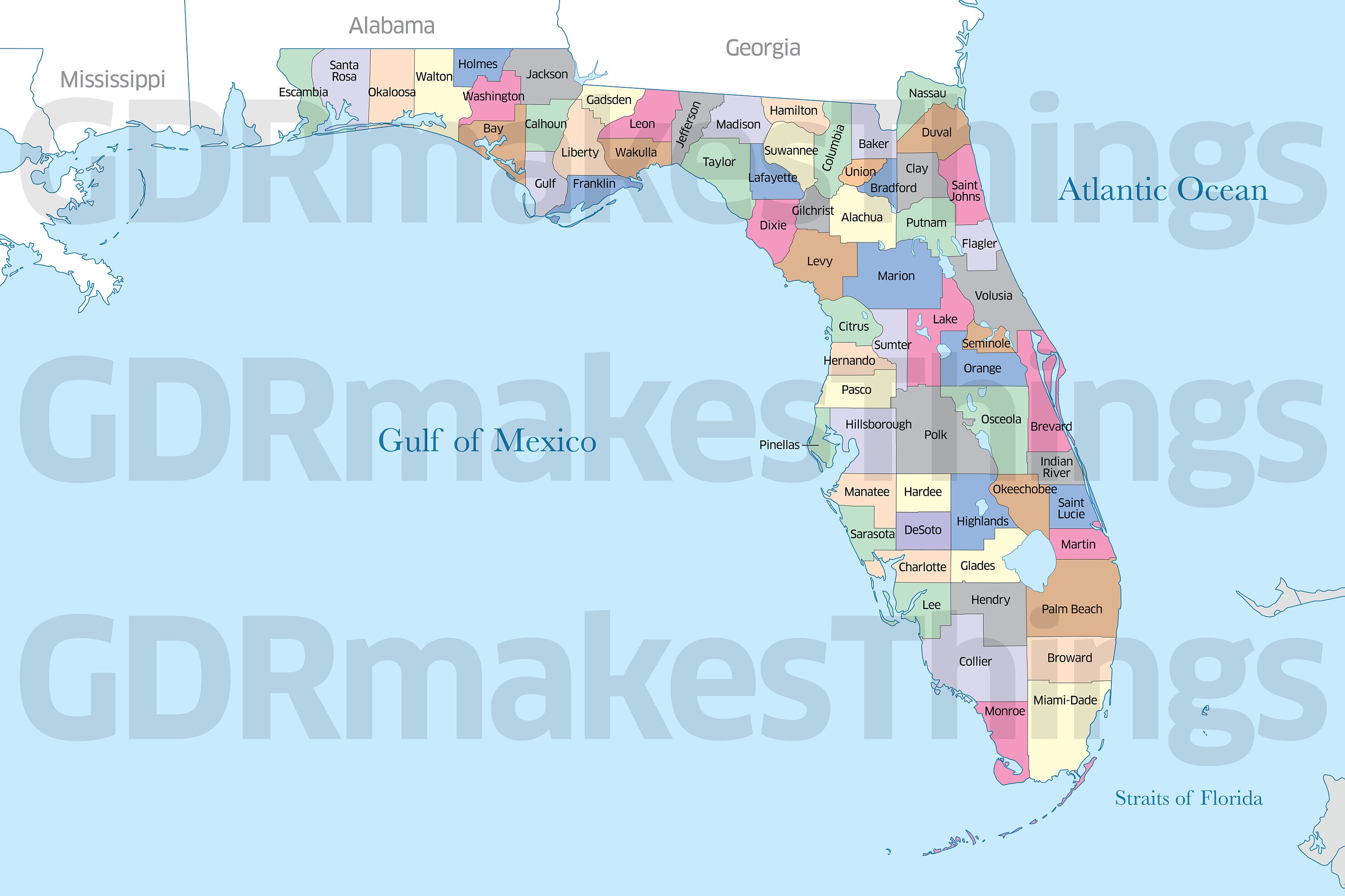 High Resolution Digital Color Map of the Counties of the State of ...