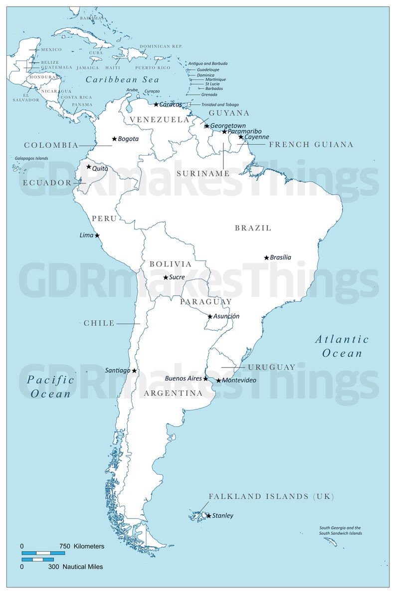 High Resolution Digital Color Map of South America, Including Countries ...