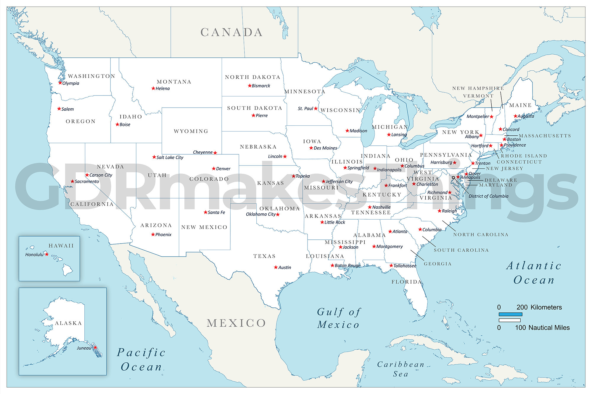 Digital Map of the United States of America, Including All 50 States ...