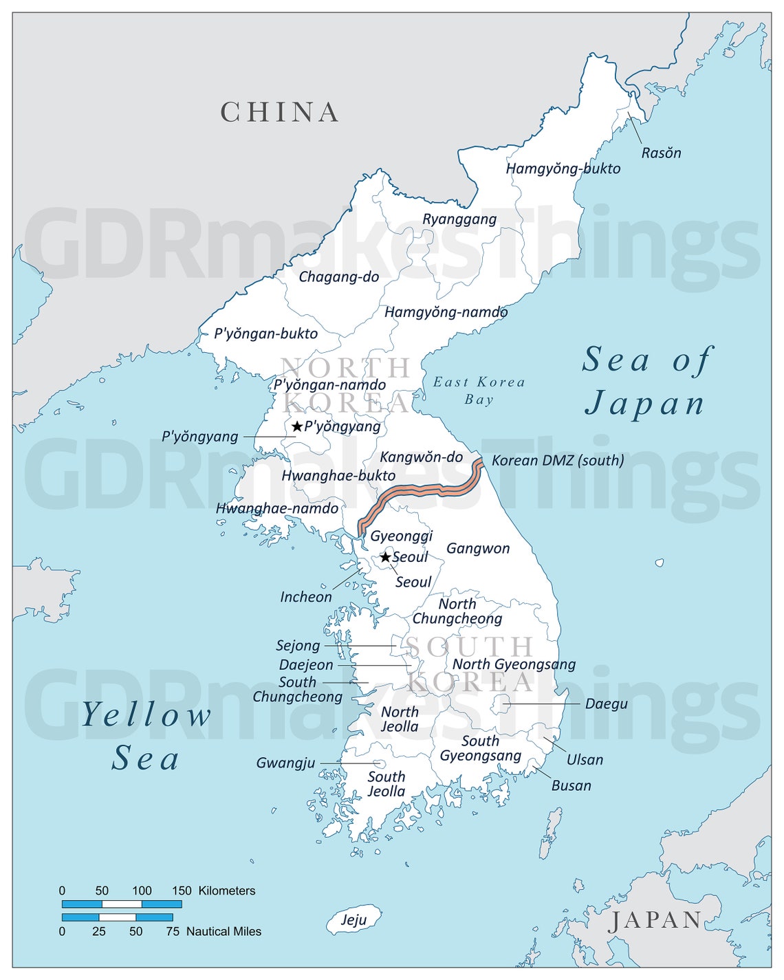 High Resolution Digital Color Map of South Korea, Includes Country ...