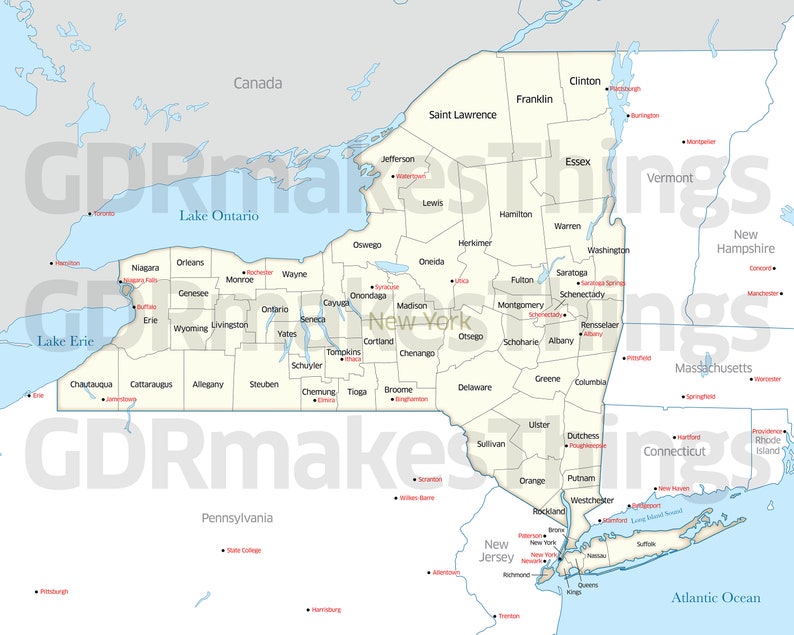 High Resolution Digital Color Map of the Counties of the State of New ...