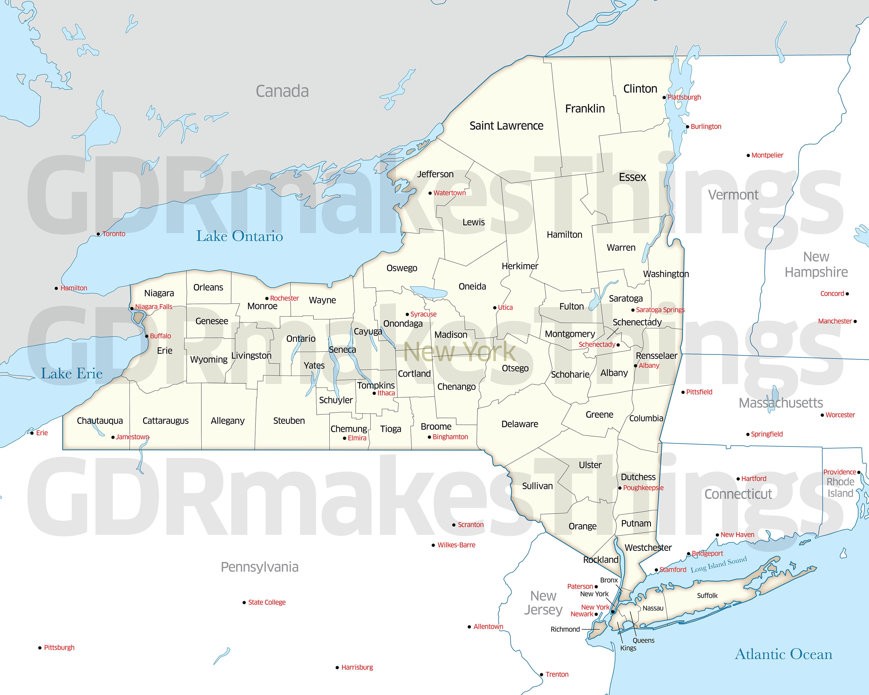 High Resolution Digital Color Map of the Counties of the State of New ...