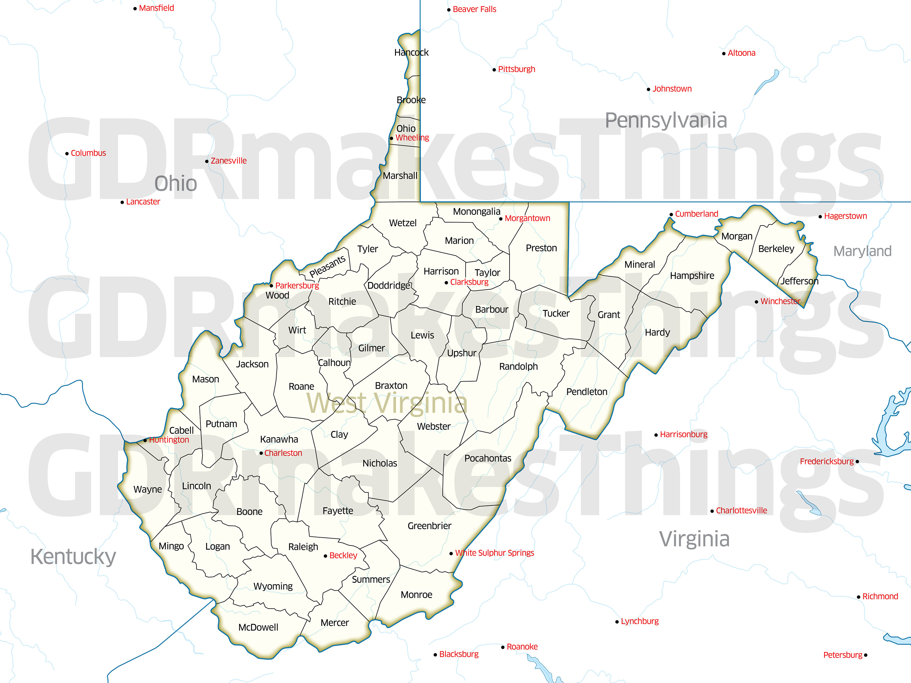 High Resolution Digital Color Map of the State of West Virginia ...