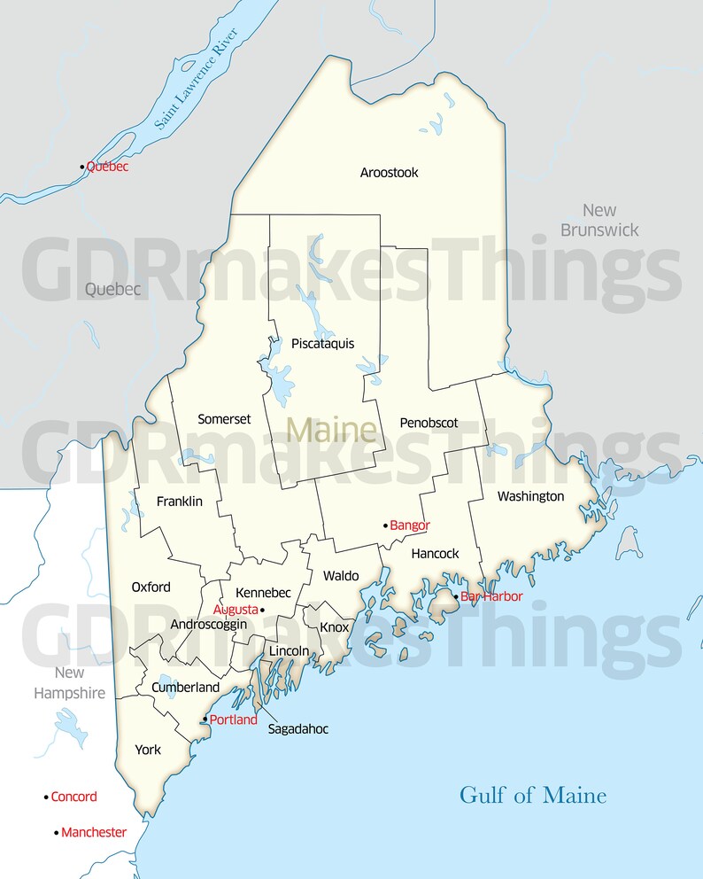 High Resolution Digital Color Map of the Counties of the State of Maine ...
