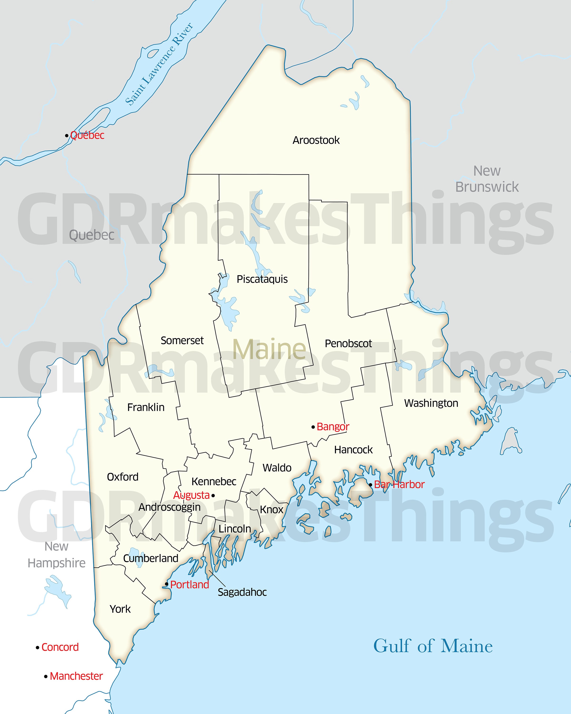 High Resolution Digital Color Map of the Counties of the State of Maine ...