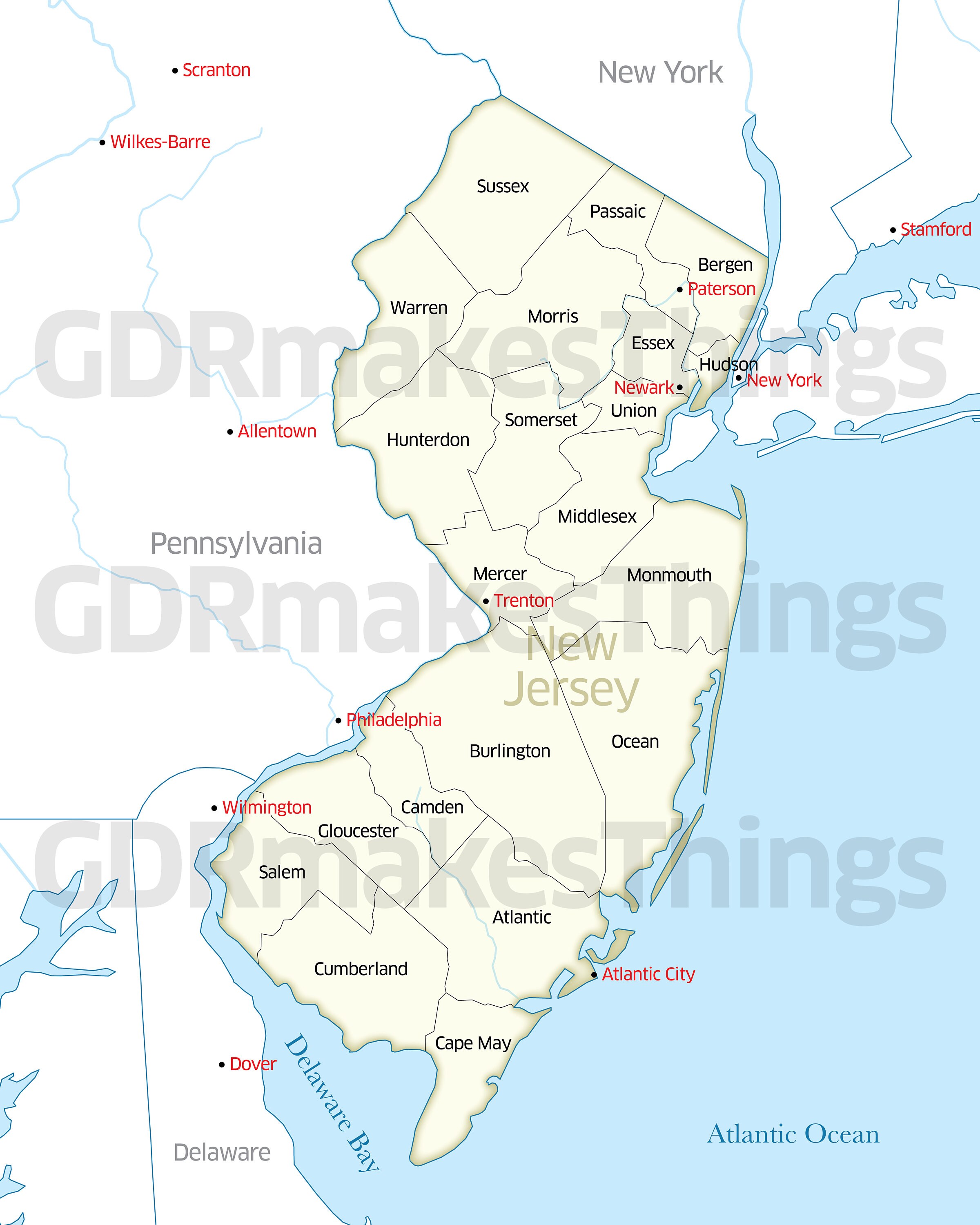 High Resolution Digital Color Map of the Counties of the State of New ...