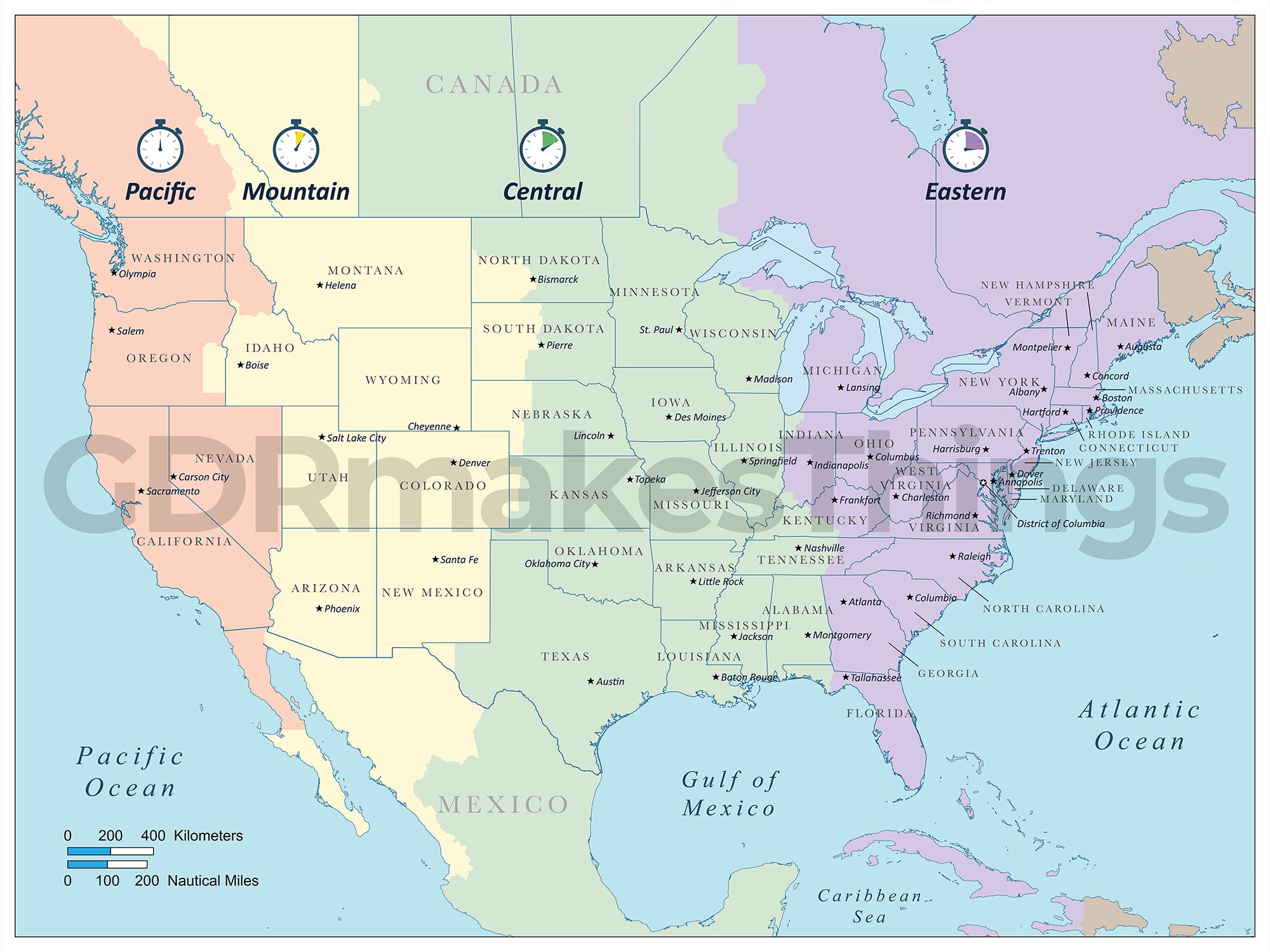 Digital Map of the Continental United States, Showing 4 Time Zones ...