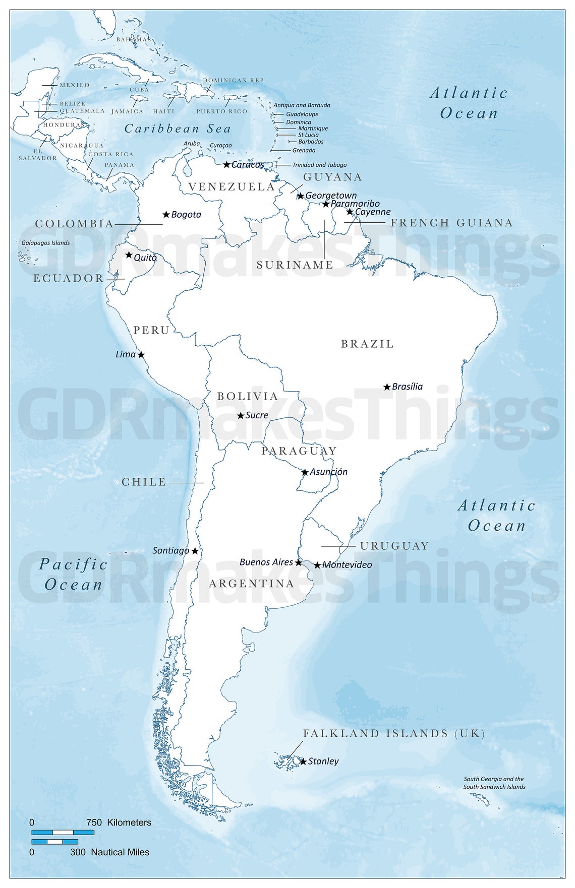 High Resolution Digital Color Map of South America, Including Countries ...