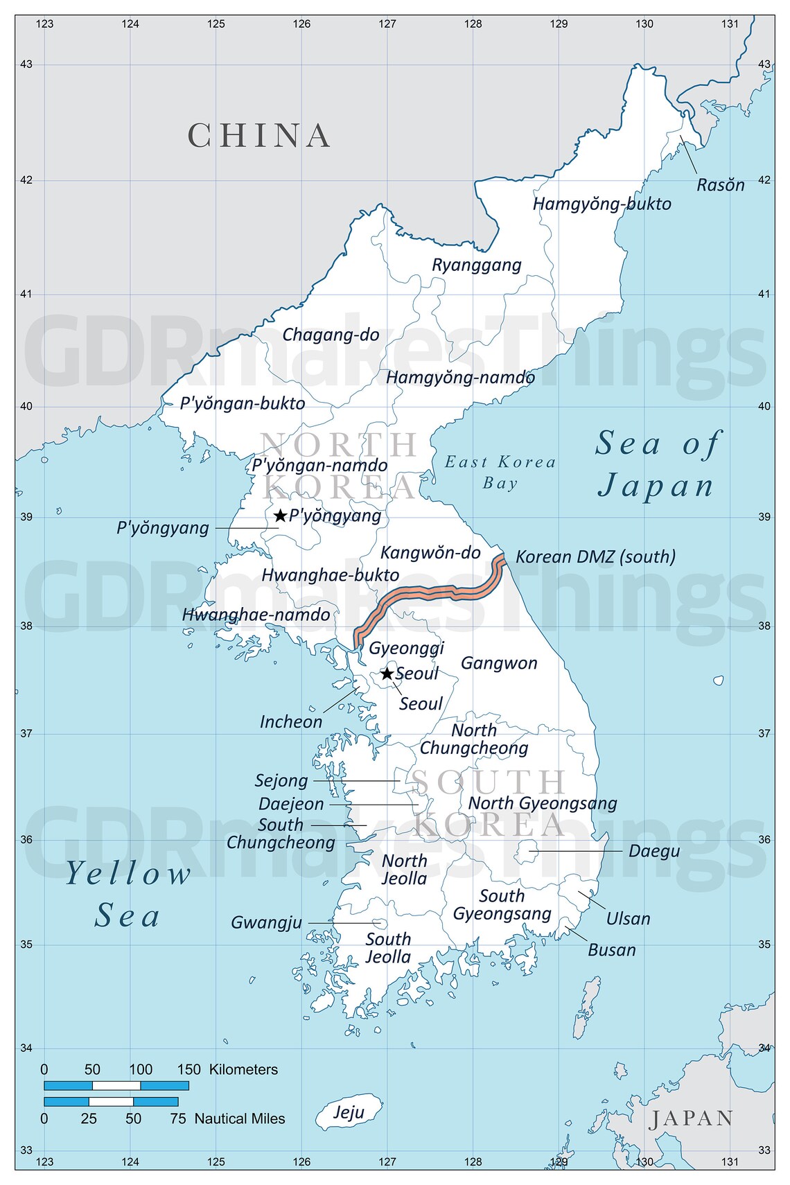 High Resolution Digital Color Map of South Korea, Includes Country ...