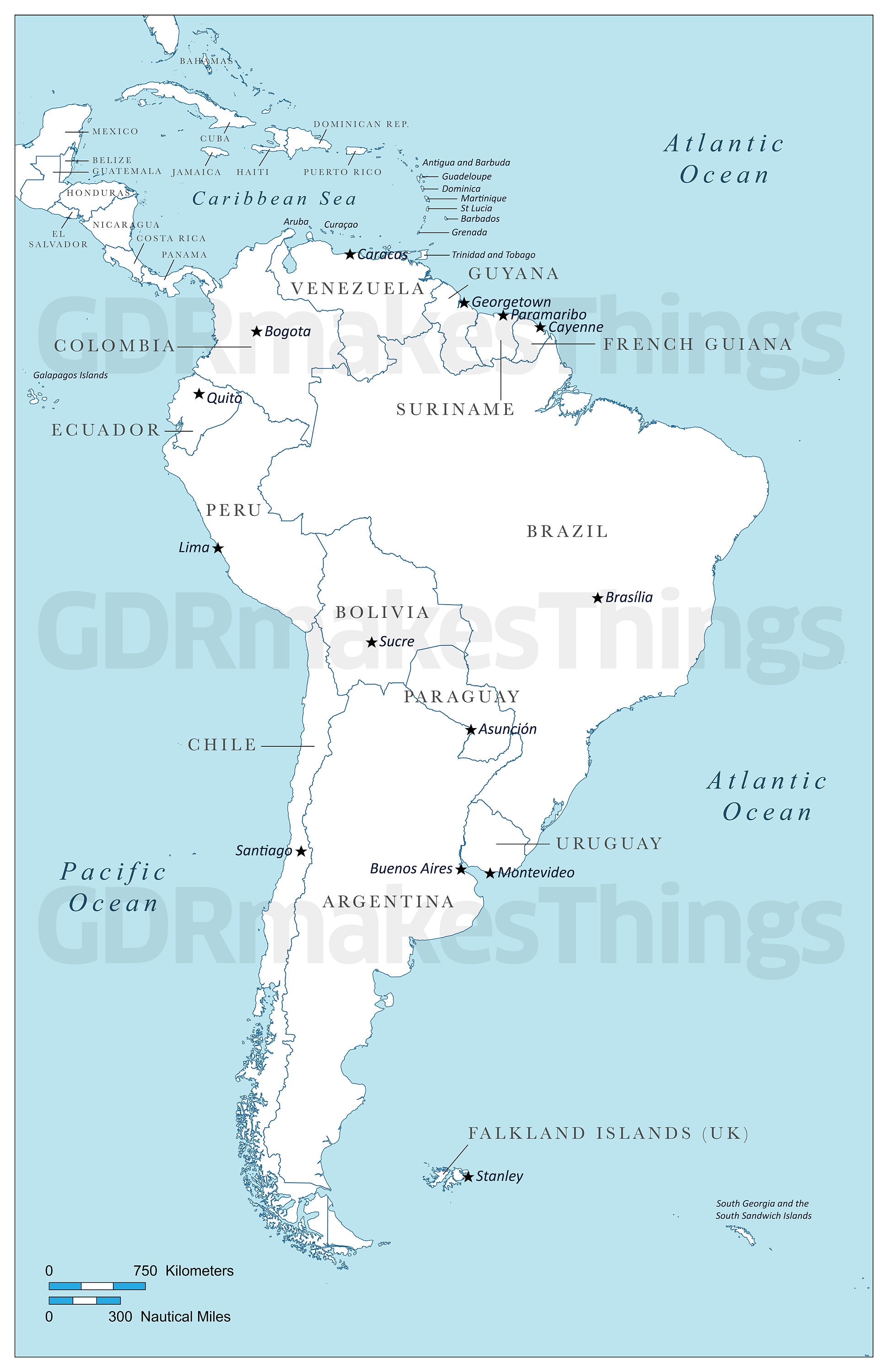 High Resolution Digital Color Map of South America, Including Countries ...