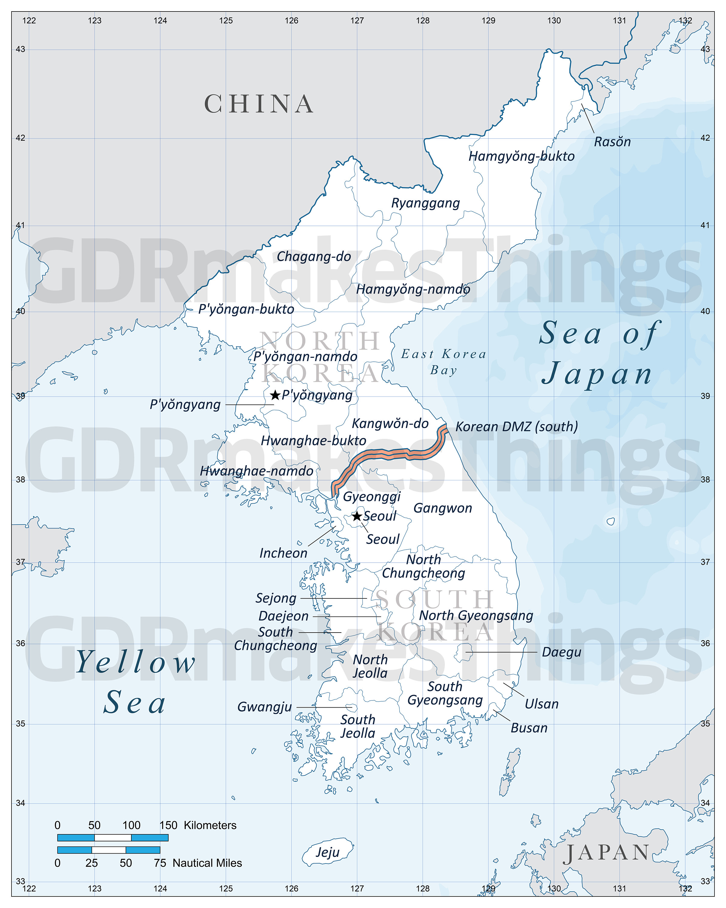High Resolution Digital Color Map of South Korea, Includes Country ...