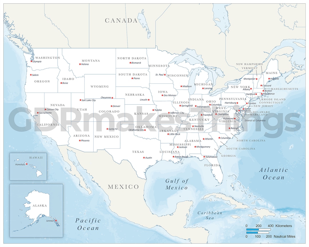 Digital Map of the United States of America, Including All 50 States ...
