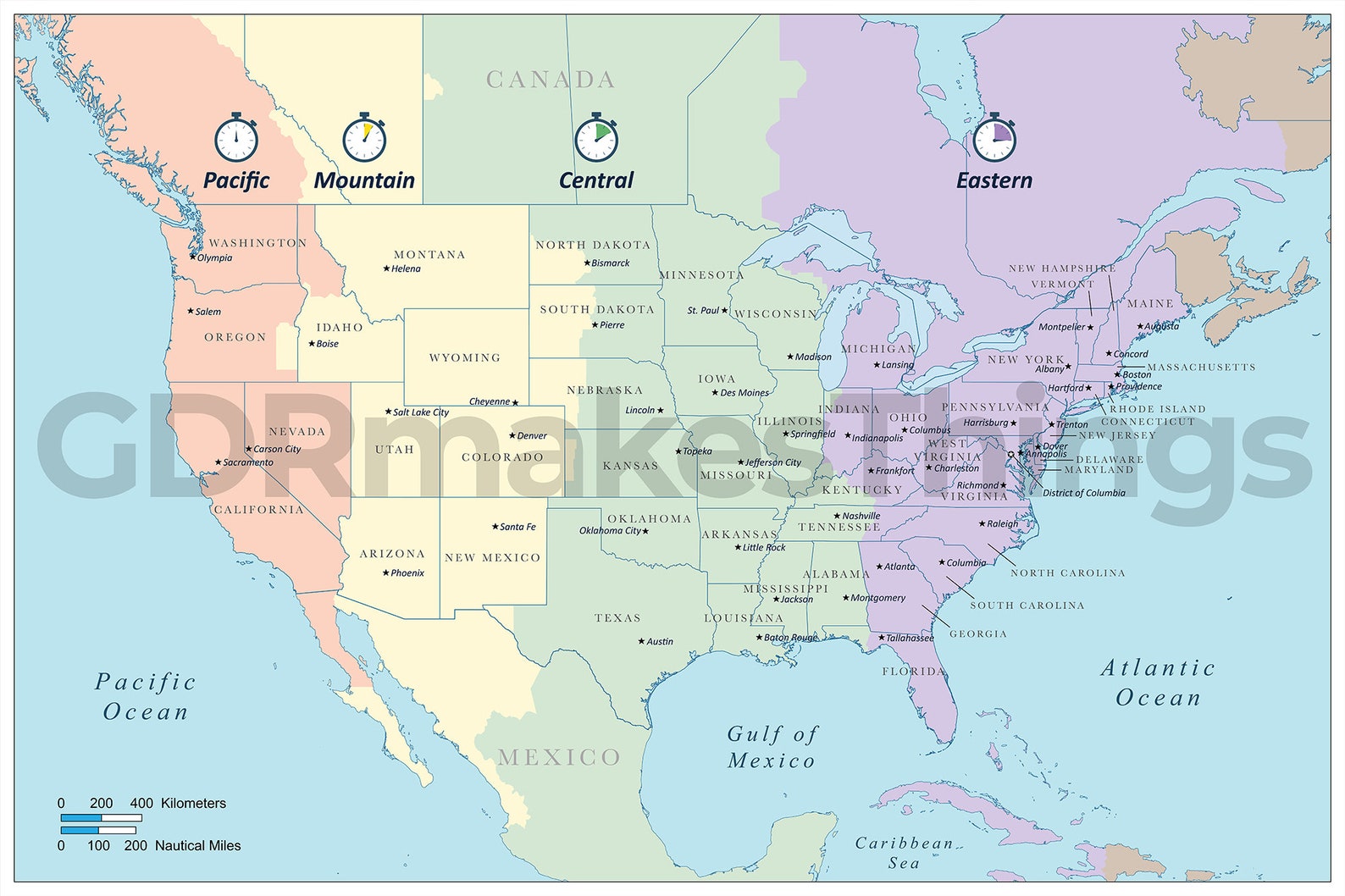 Digital Map of the Continental United States, Showing 4 Time Zones ...