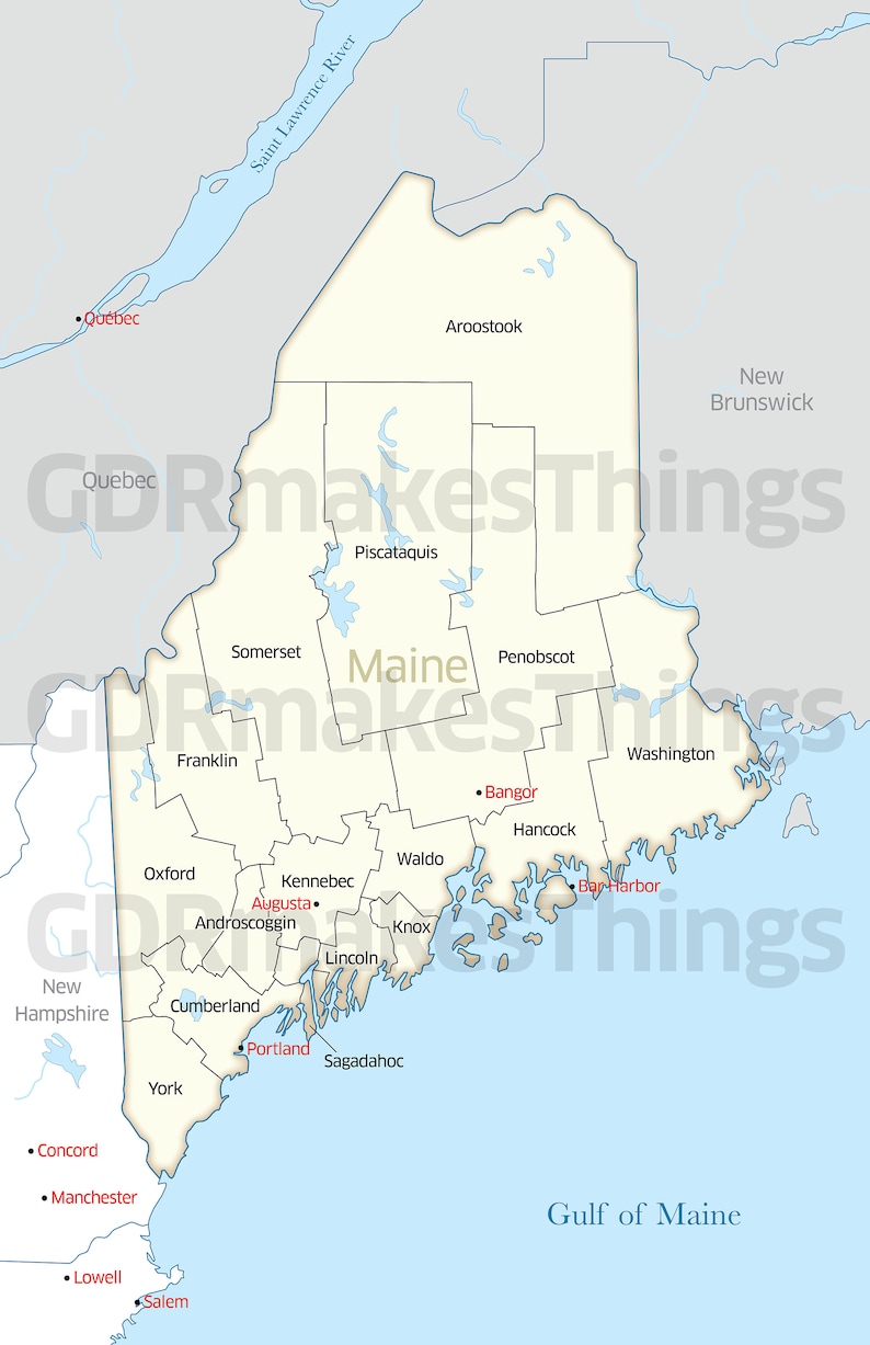 High Resolution Digital Color Map of the Counties of the State of Maine ...