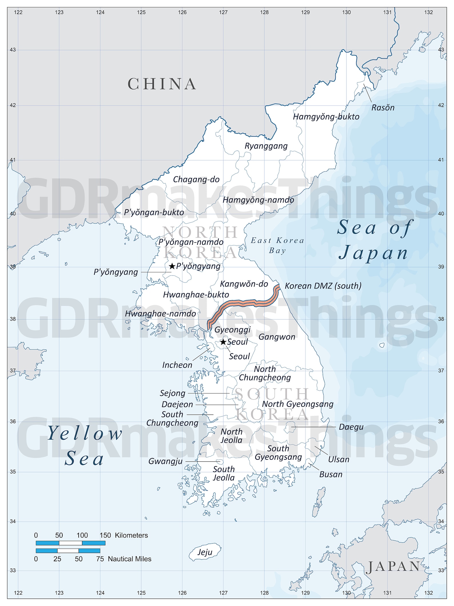 High Resolution Digital Color Map of South Korea, Includes Country ...