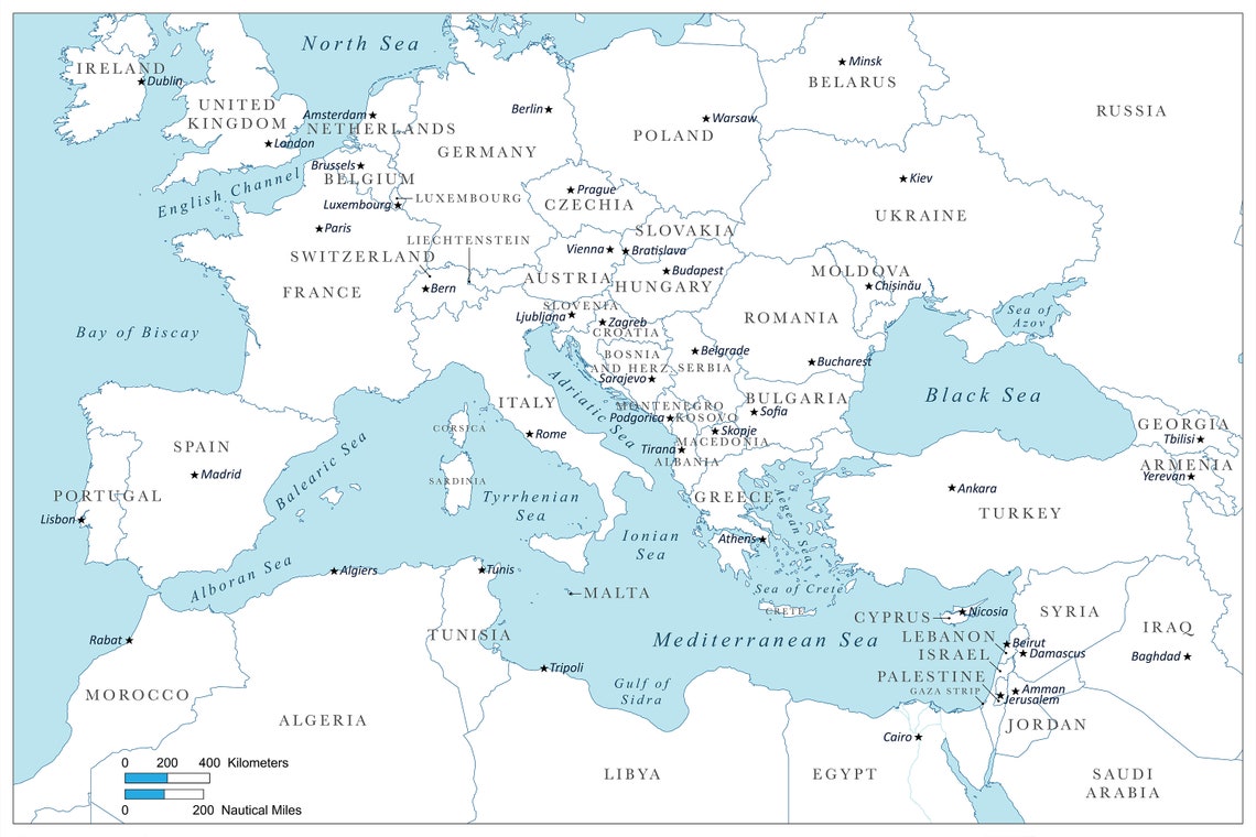 High Resolution Digital Color Map of the Mediterranean Sea and - Etsy
