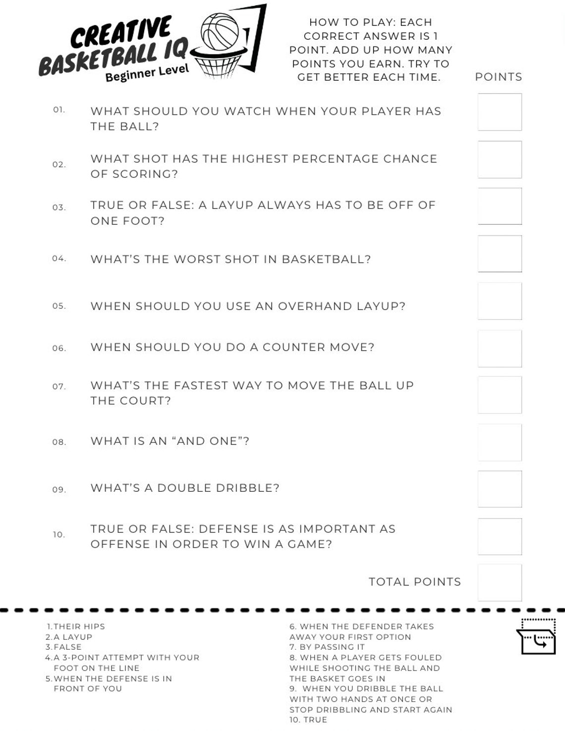 Basketball IQ Card Game Printable BEGINNER Level Fun for Basketball ...
