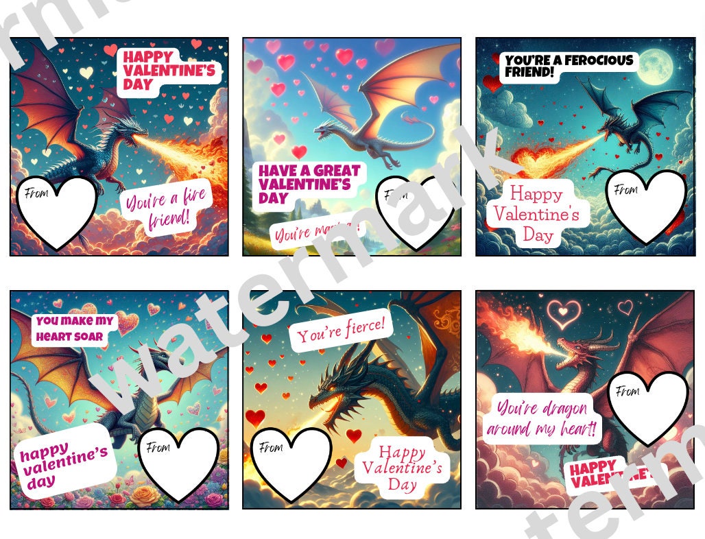 Dragon Valentines Printable Kids Cards Magical Dragon Kids Classroom ...
