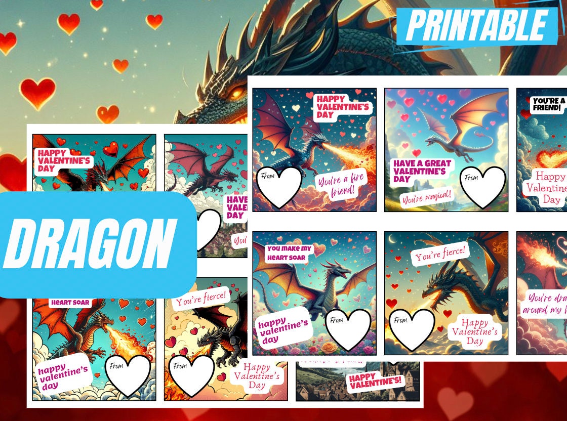 Dragon Valentines Printable Kids Cards Magical Dragon Kids Classroom ...