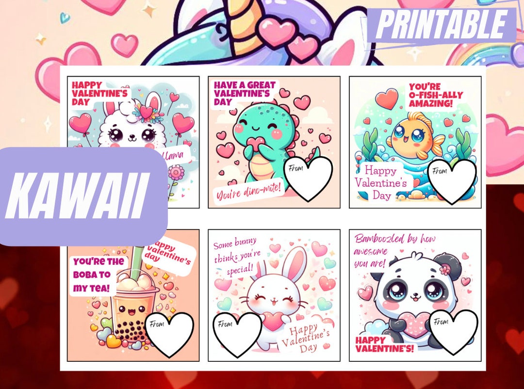 Kawaii Printable Valentine Cards Cute Kids Classroom Valentines Cards ...