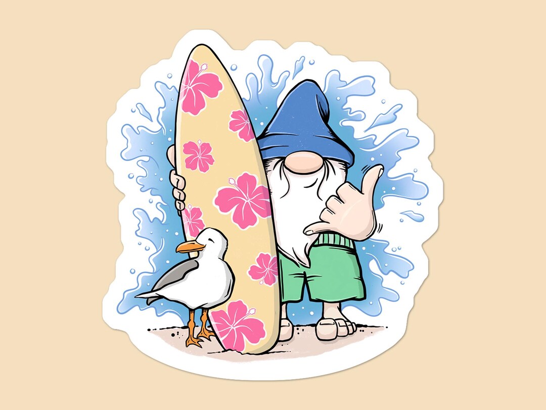 Gnome With Surfboard and Seagull Waterproof Sticker: Beach Waves Water ...