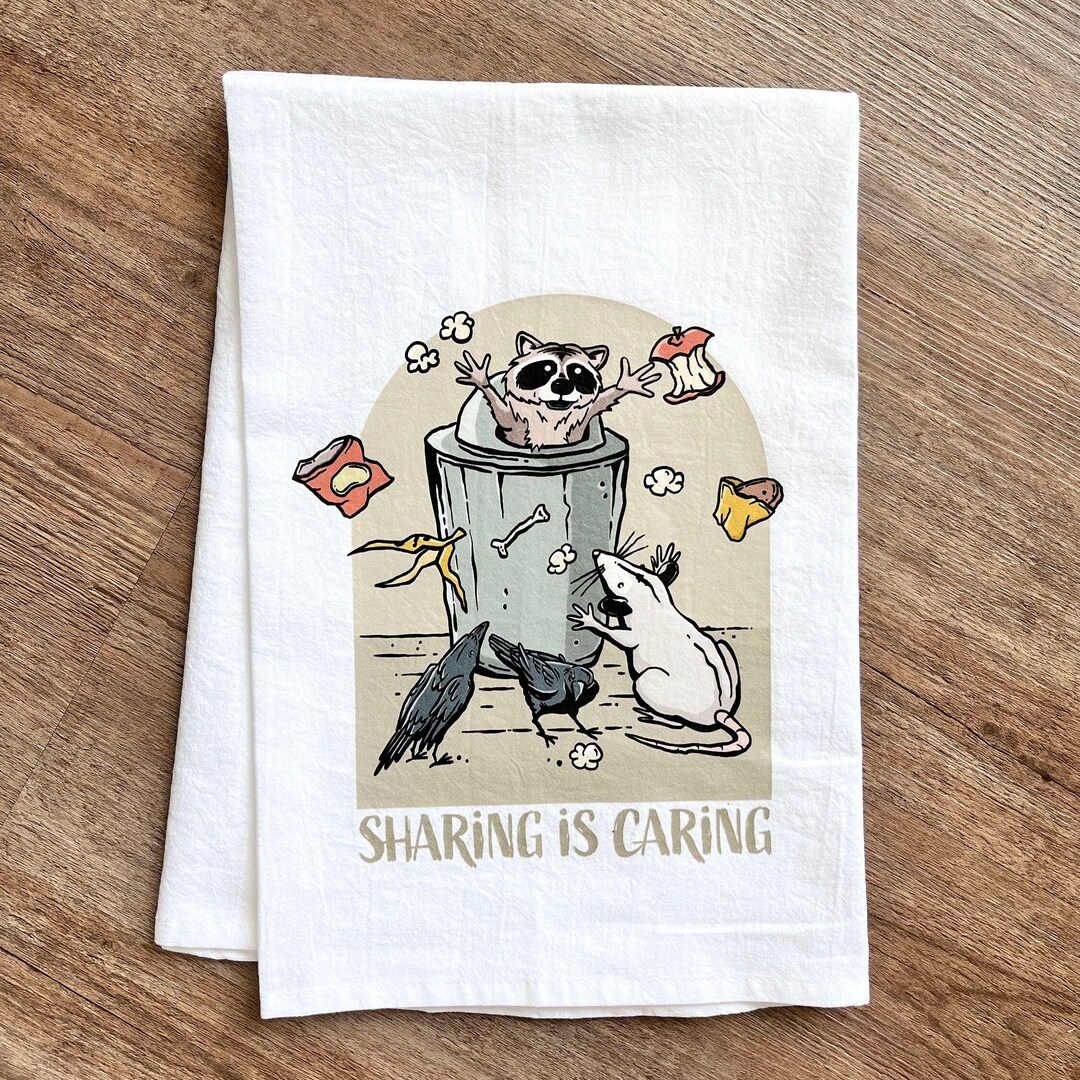 Raccoon, Possum and Crow Friends, Sharing is Caring Quote Flour Sack ...