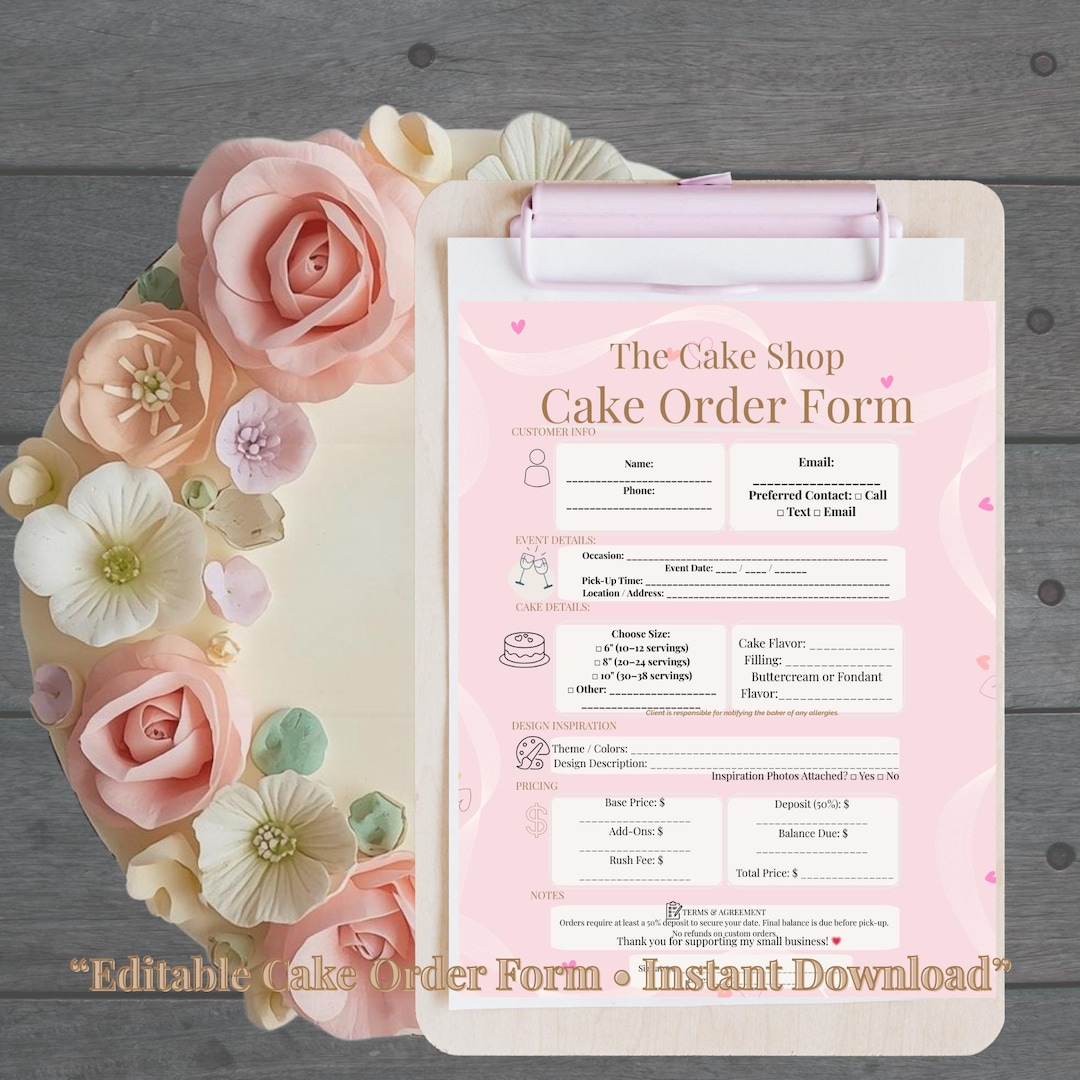 Cake Order Form Template | Editable Bakery Order Form | Printable Cake ...