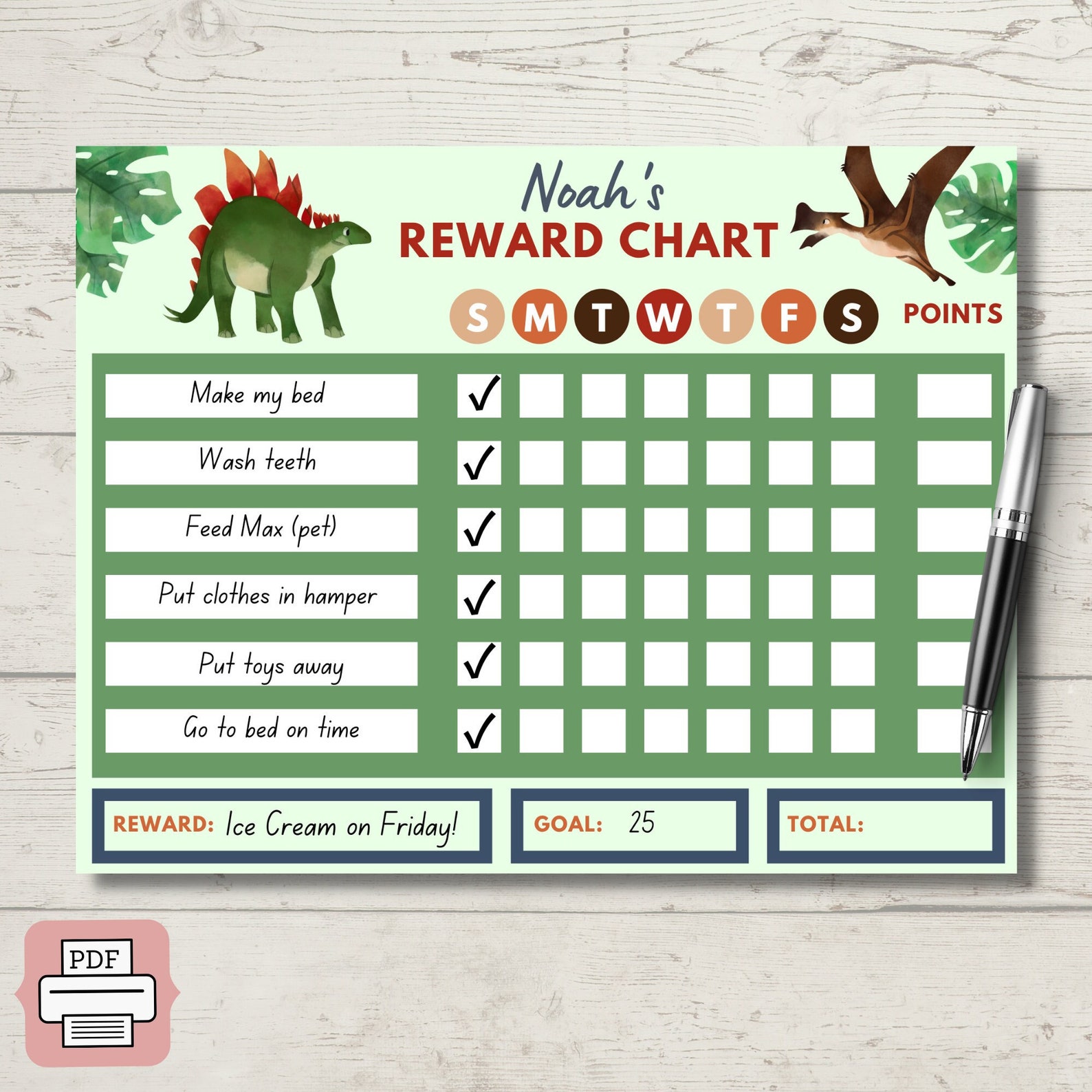 Dinosaur Reward Chore Chart Printable PDF Responsibility Point System ...