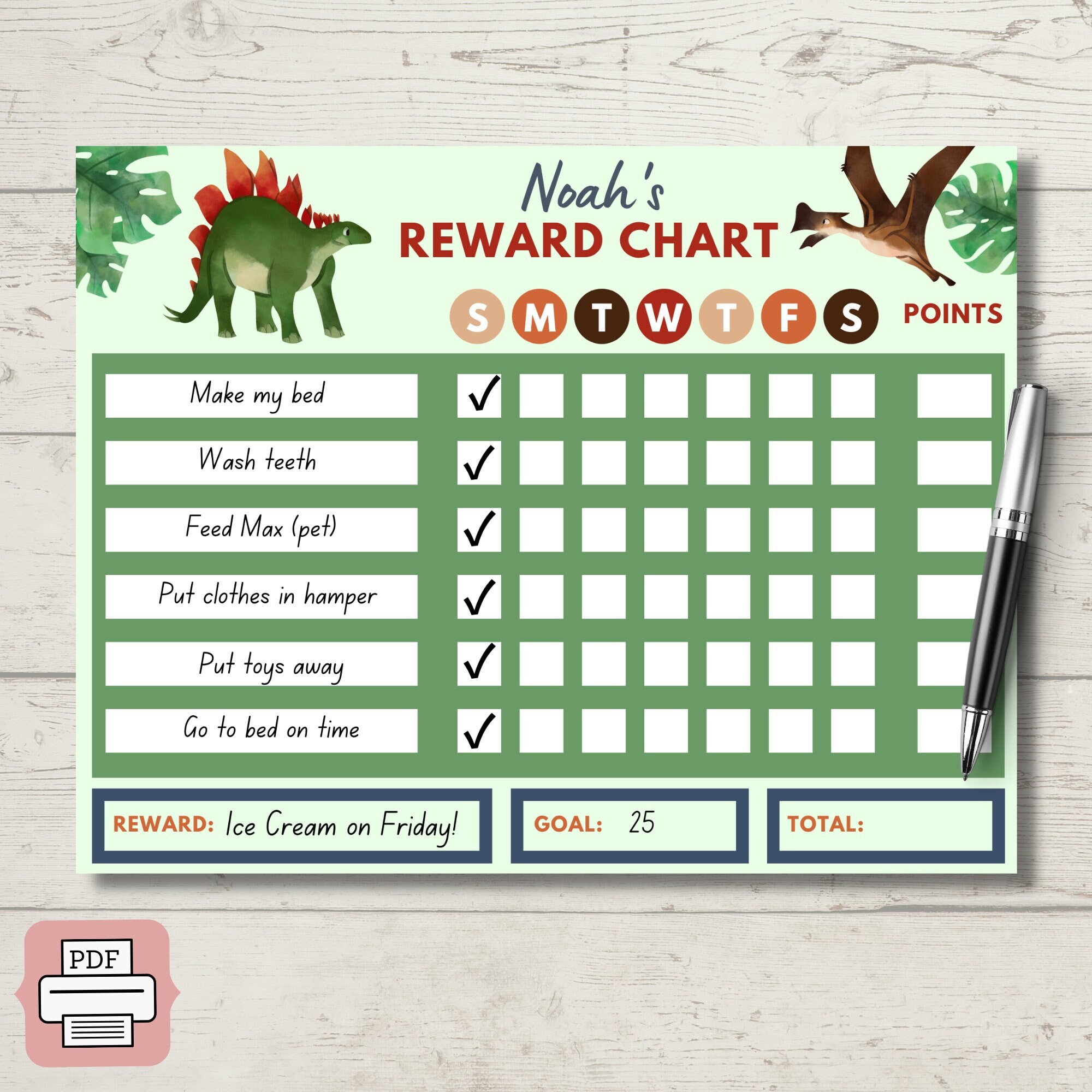 Dinosaur Reward Chore Chart Printable PDF Responsibility Point System ...