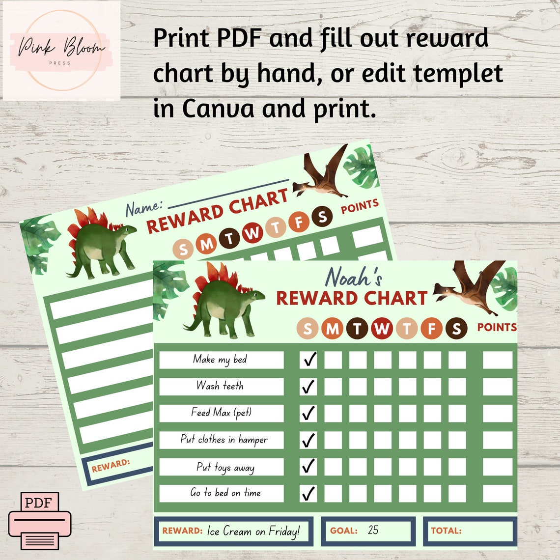 Dinosaur Reward Chore Chart Printable PDF Responsibility Point System ...